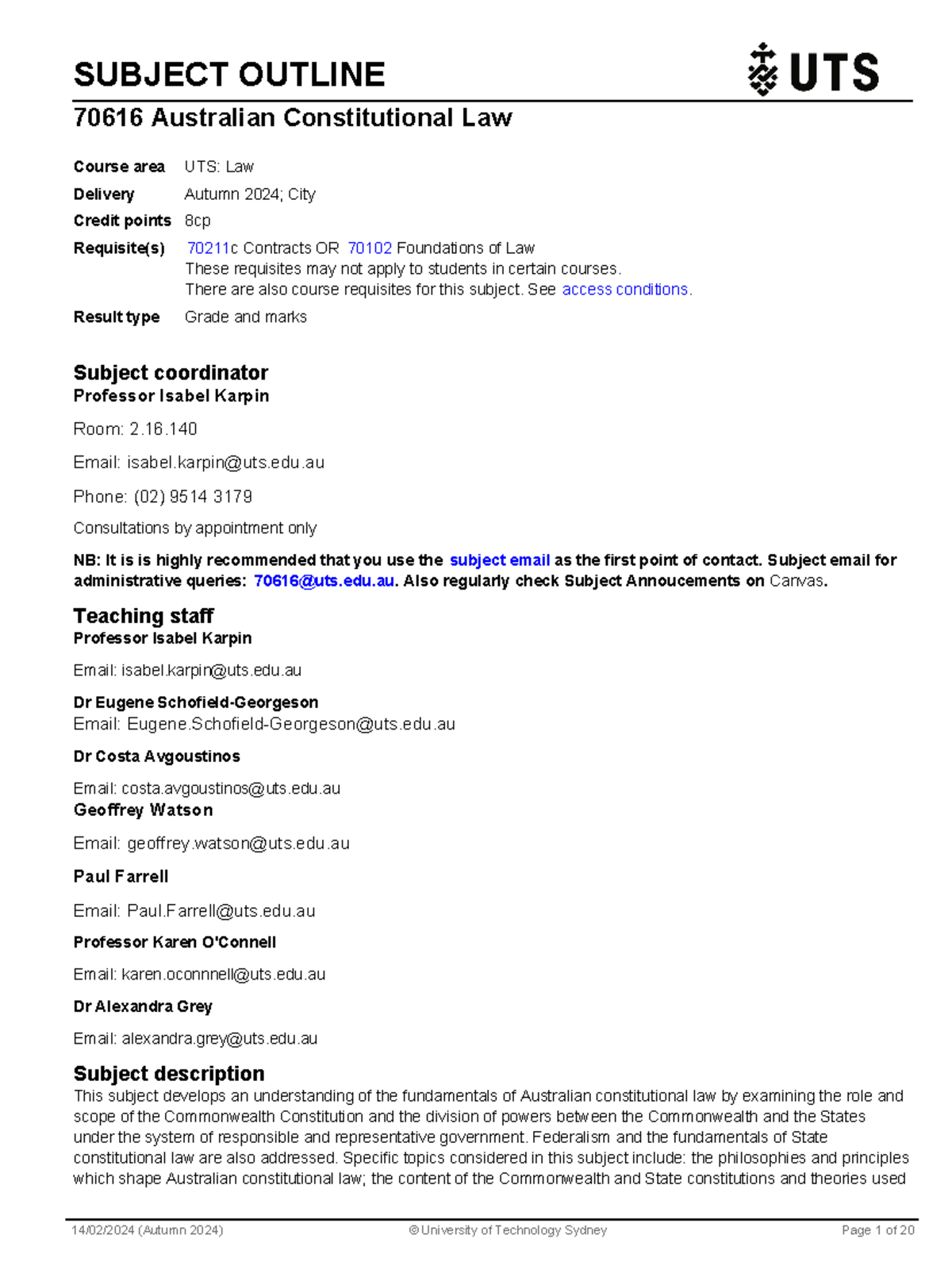 Consitutional Law subject outline - SUBJECT OUTLINE 70616 Australian ...