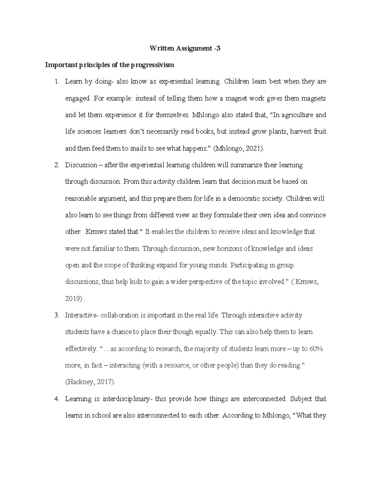 Unit-3 Written Assignment - Written Assignment - Important principles of the progressivism Learn ...