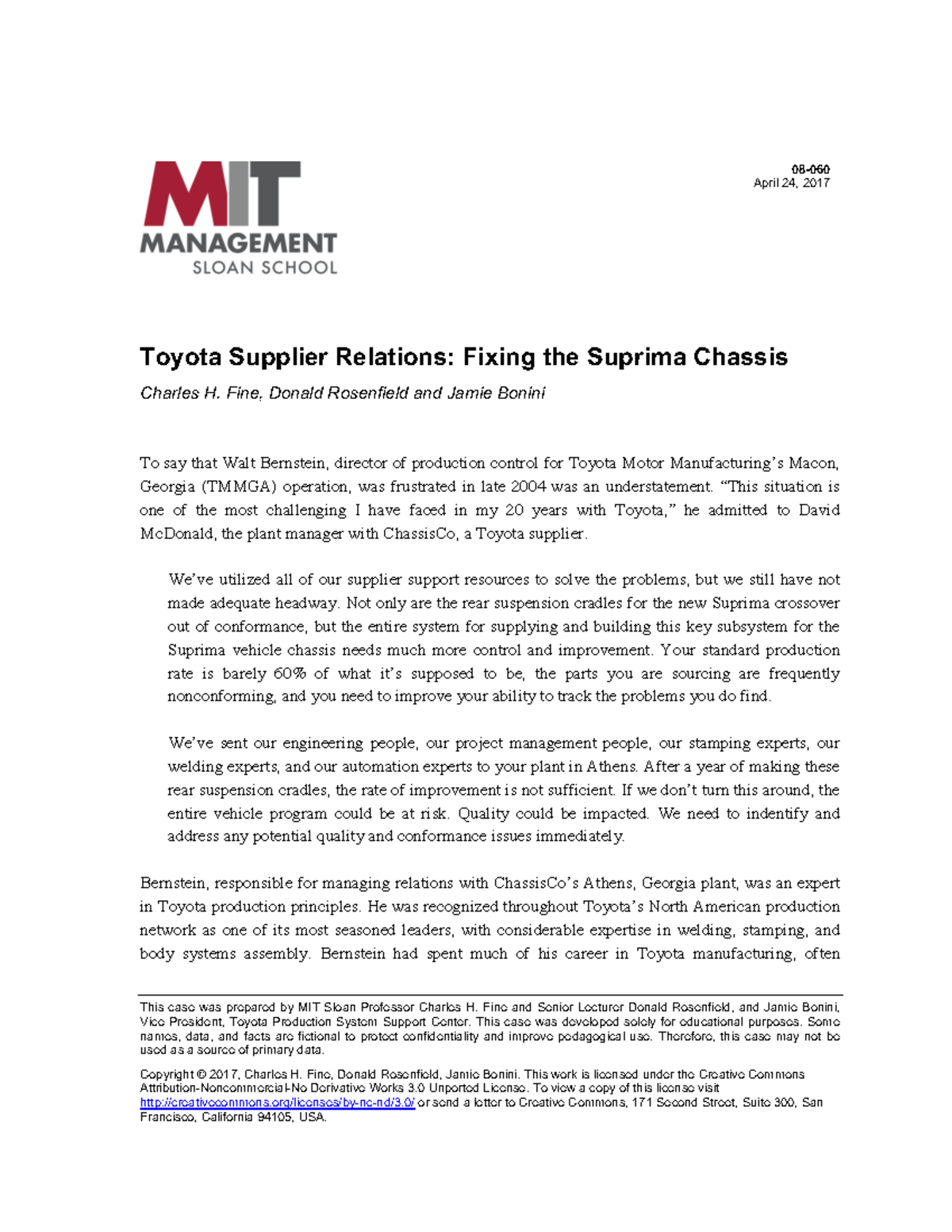 Toyota Case Analysis - This case was prepared by MIT Sloan Professor ...