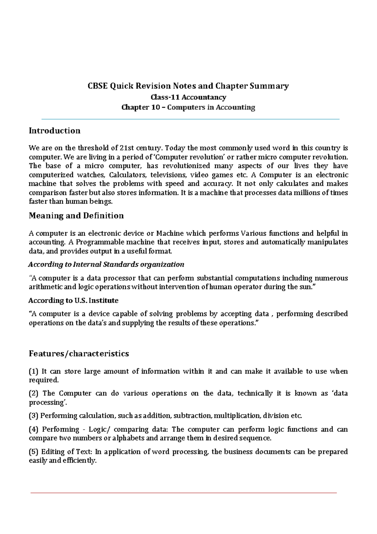 Computers in accounting - CBSE Quick Revision Notes and Chapter Summary ...