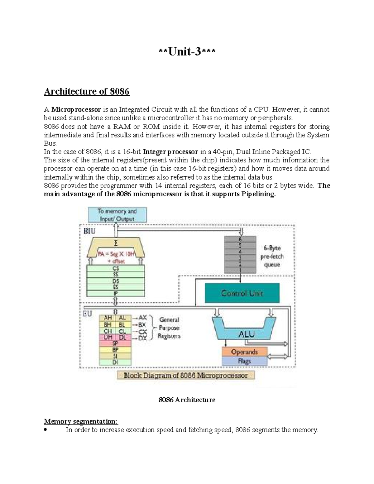 Unit-3 - any material - Unit-3* Architecture of 8086 A Microprocessor is an Integrated Circuit ...