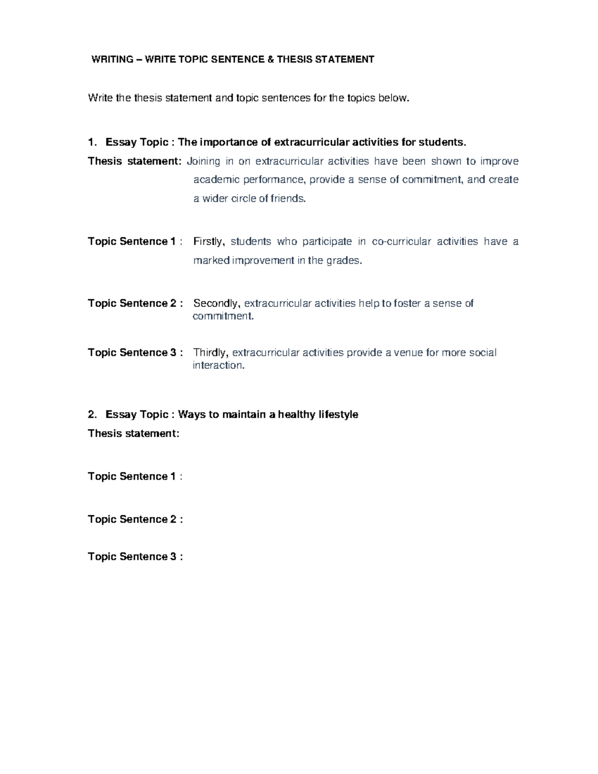 2.4 ELC231 Writing Topic Sentence AND Thesis Statement Exercise ...