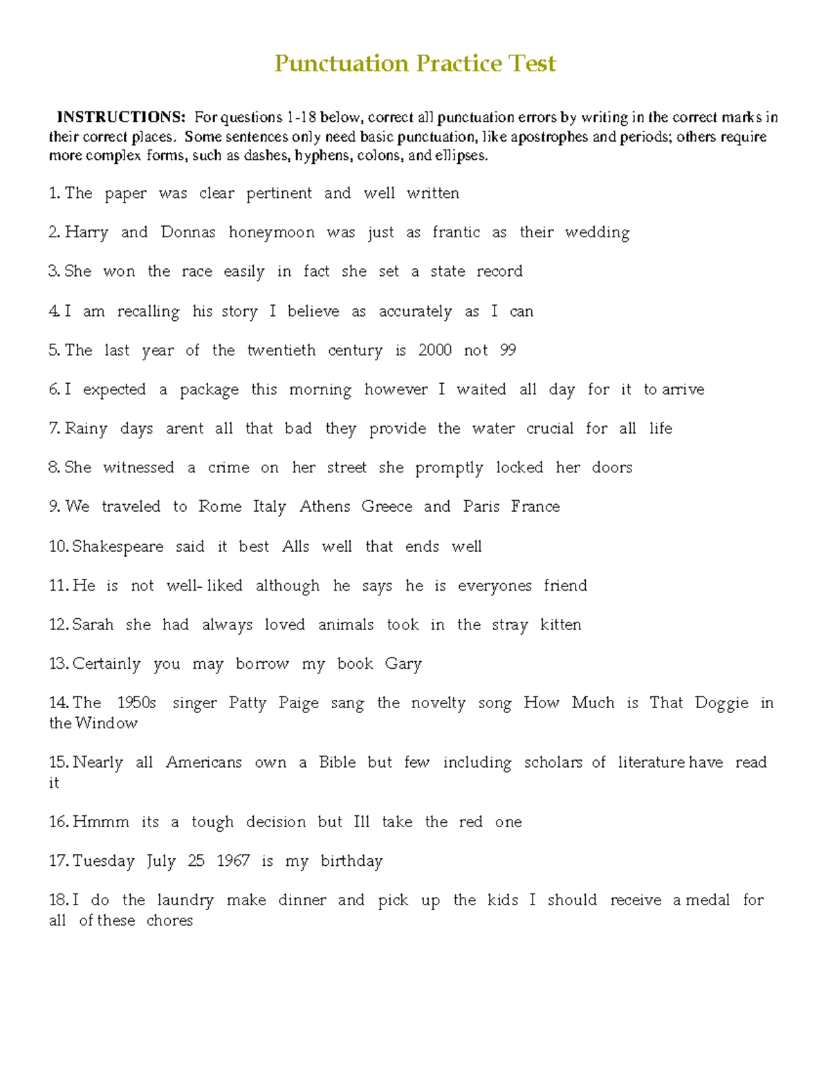 Punctuation practice test with key - Punctuation Practice Test ...
