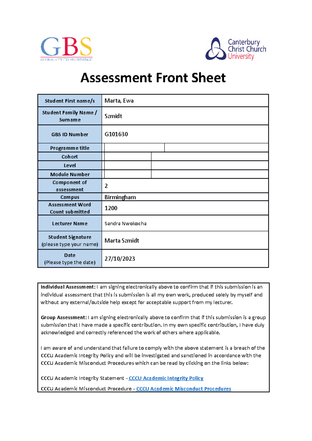Reflectionmartaszmidt - Assessment Front Sheet Student First name/s ...