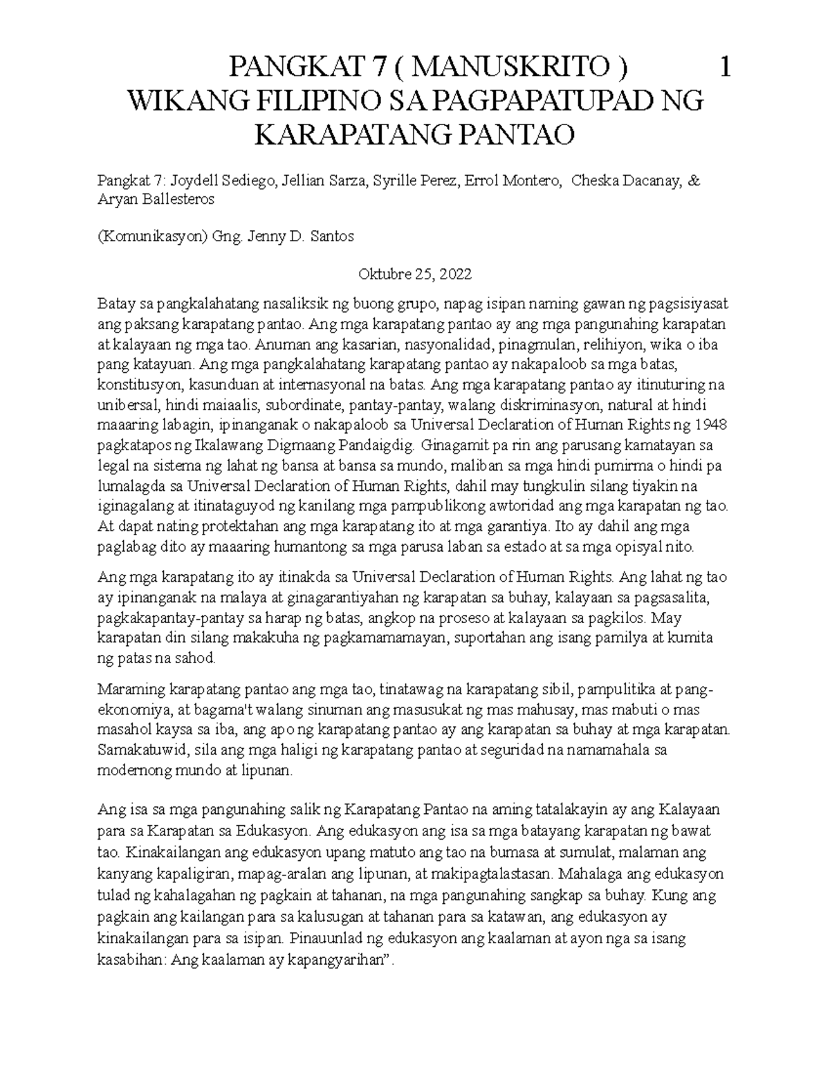Pangkat 7 Manuskrito 1 1 - PANGKAT 7 ( MANUSKRITO ) 1 WIKANG FILIPINO ...