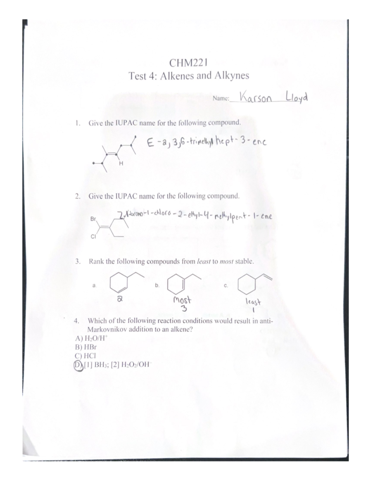 Organic chem test 4 - BSC 114 - Studocu
