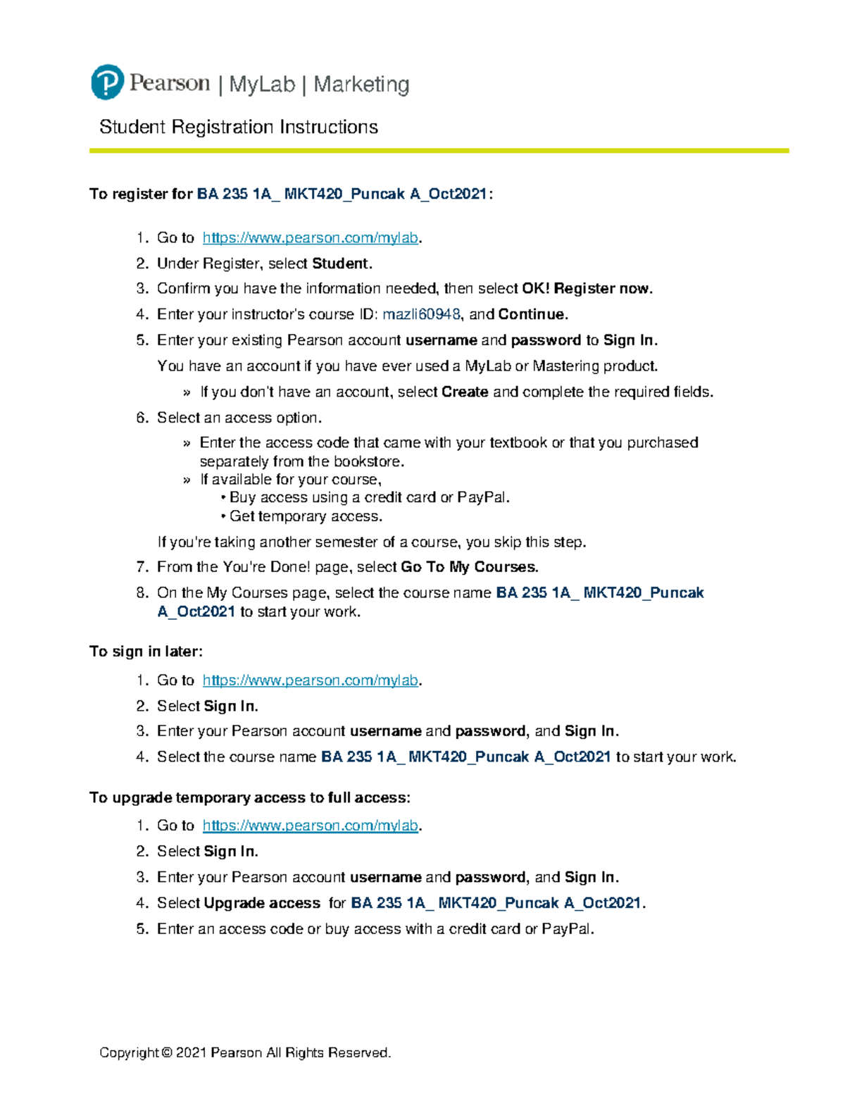 Pearson Student Registration Instruction BA2351A - | MyLab | Marketing ...