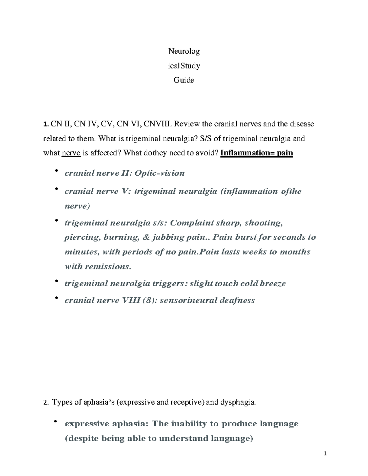 Study Guide Neuro Exam 2 Nurs 103 3 29 20 - Neurolog ical Study Guide ...