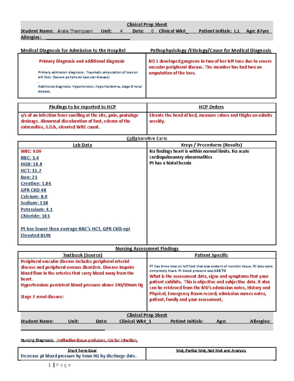 Clinical Prep Sheet - care plan - Clinical Prep Sheet Student Name ...