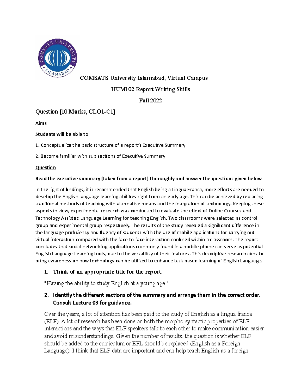 Assi110 - Assignment - COMSATS University Islamabad, Virtual Campus ...