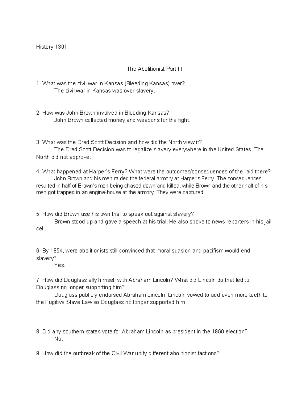 The Abolitionist Part III Video Answers - History 1301 The Abolitionist ...