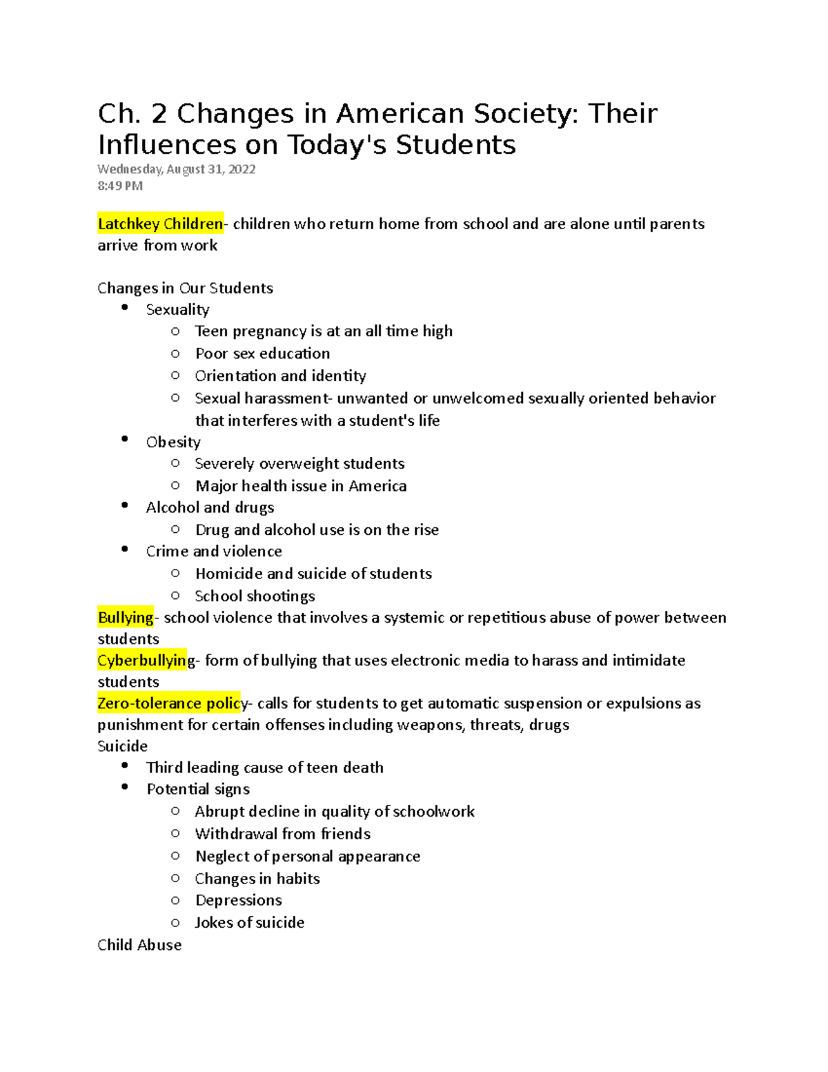 Ed- 100 Ch. 2 - Chapter 2 notes - Ch. 2 Changes in American Society ...