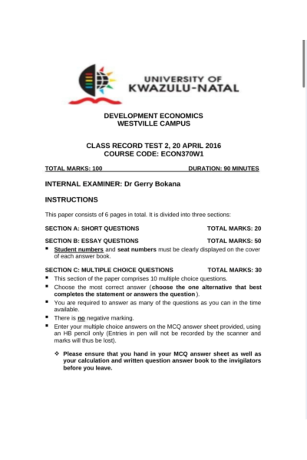 Class test 2 econ370 - Econ 370 - Studocu