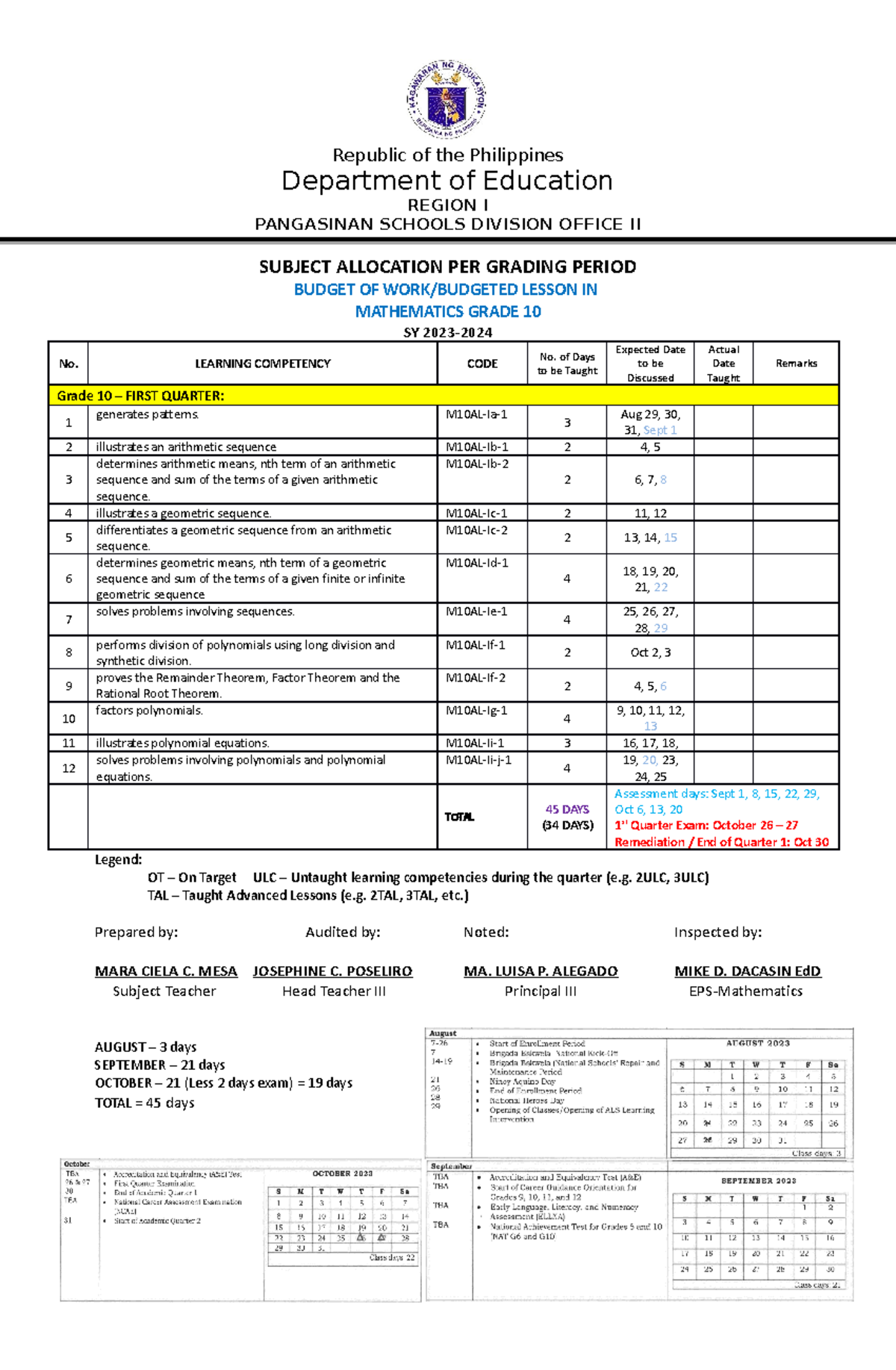 BOW Budgeted-Lesson G10-Math SY-2023-2024 1st-Qtr - Republic of the ...