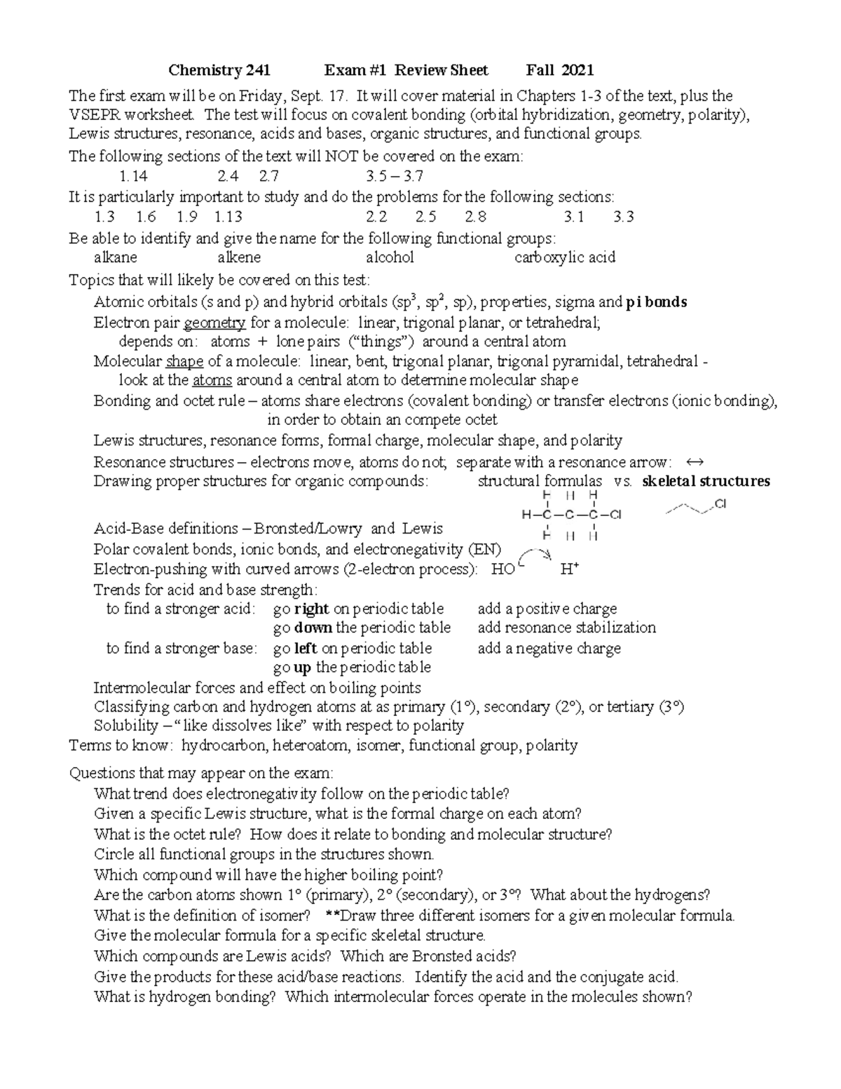 Exam 1 Review - Chemistry 241 Exam #1 Review Sheet Fall 2021 The first exam will be on Friday ...