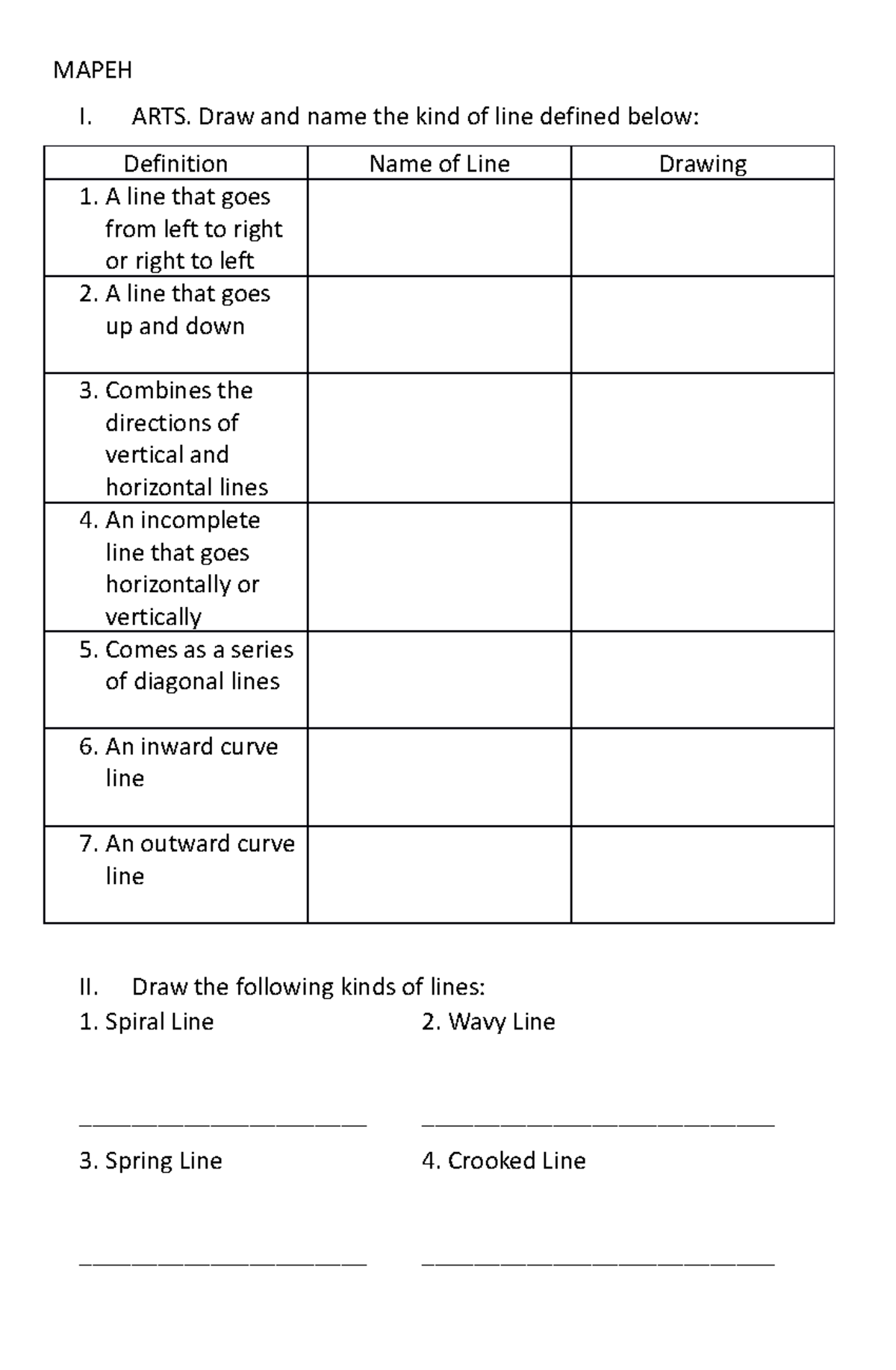 Mapeh 09252023 - MAPEH I. ARTS. Draw and name the kind of line defined ...