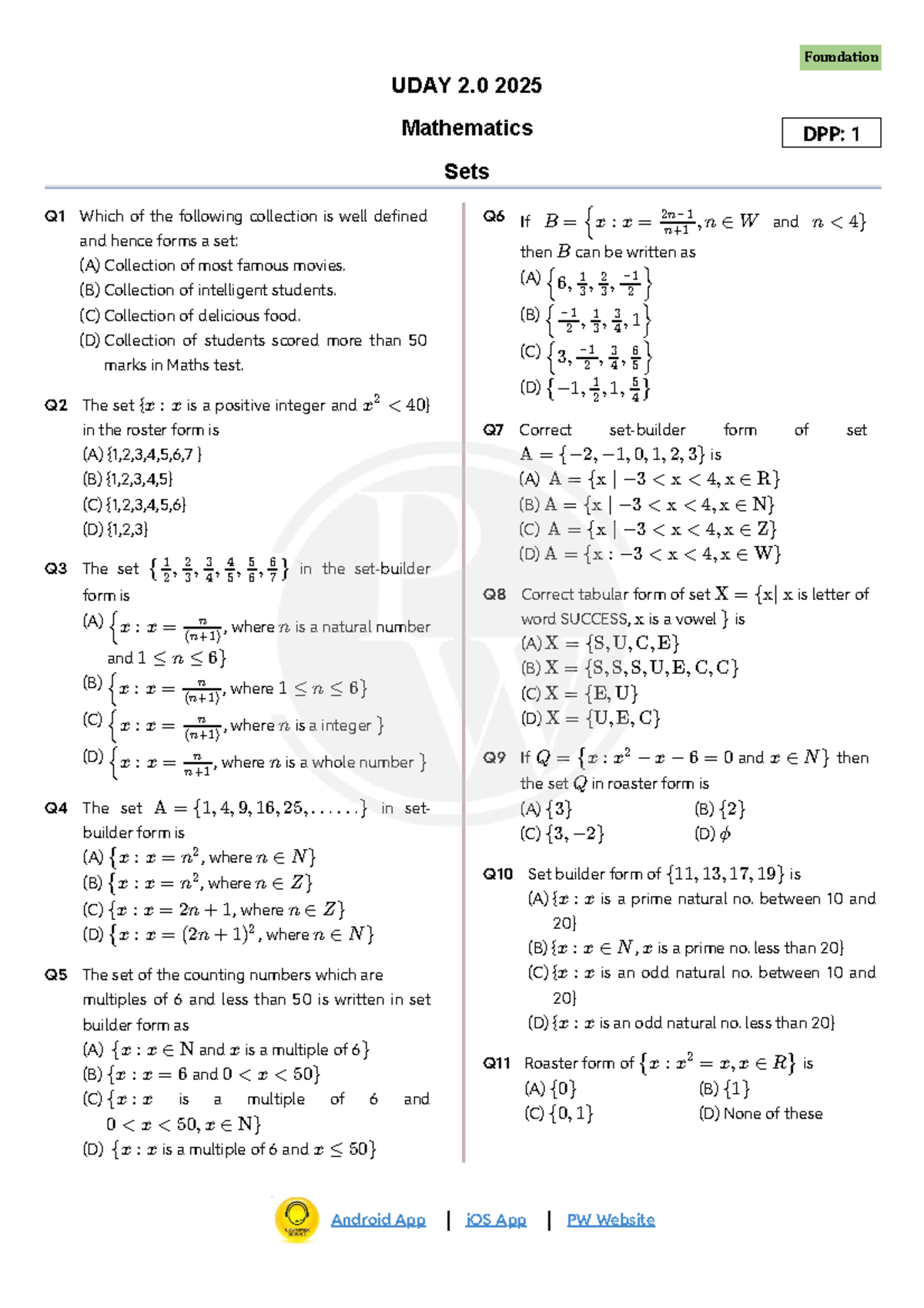 Sets DPP 01 (Of Lecture 02) Uday 2.0 2025 - Foundation Q1 Which of the following collection is ...