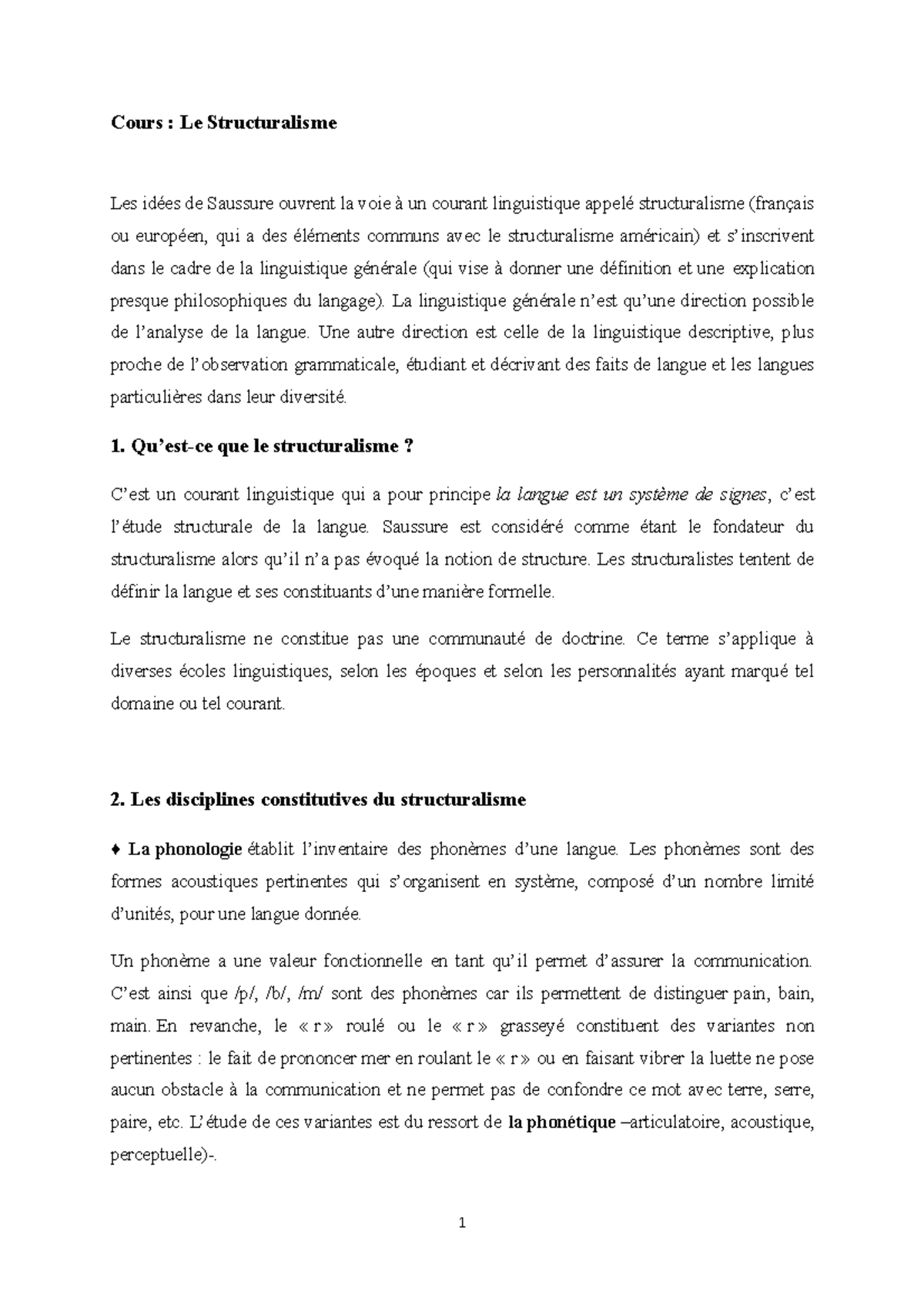 S2 Cours 1 - Cours : Le Structuralisme Les idées de Saussure ouvrent la ...