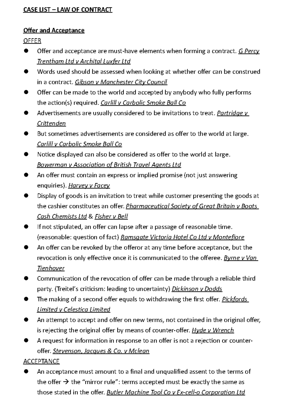 Case list law of contract - CASE LIST – LAW OF CONTRACT O/er and ...
