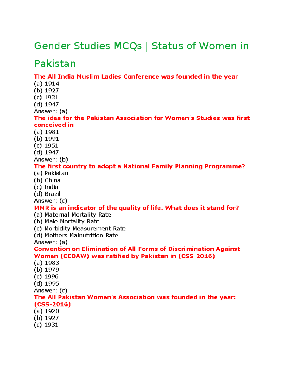 GS MCQs Status of Women in Pakistan - Gender Studies MCQs | Status of ...