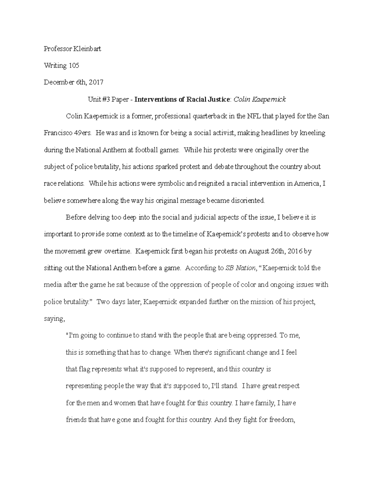 Unit III "Intervention of Racial Justice" Essay - Professor Kleinbart ...