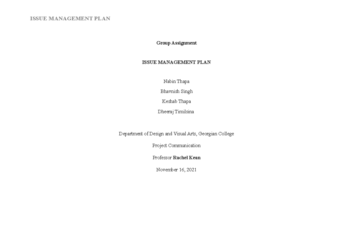 Issue Management Plan - Group Assignment ISSUE MANAGEMENT PLAN Nabin ...