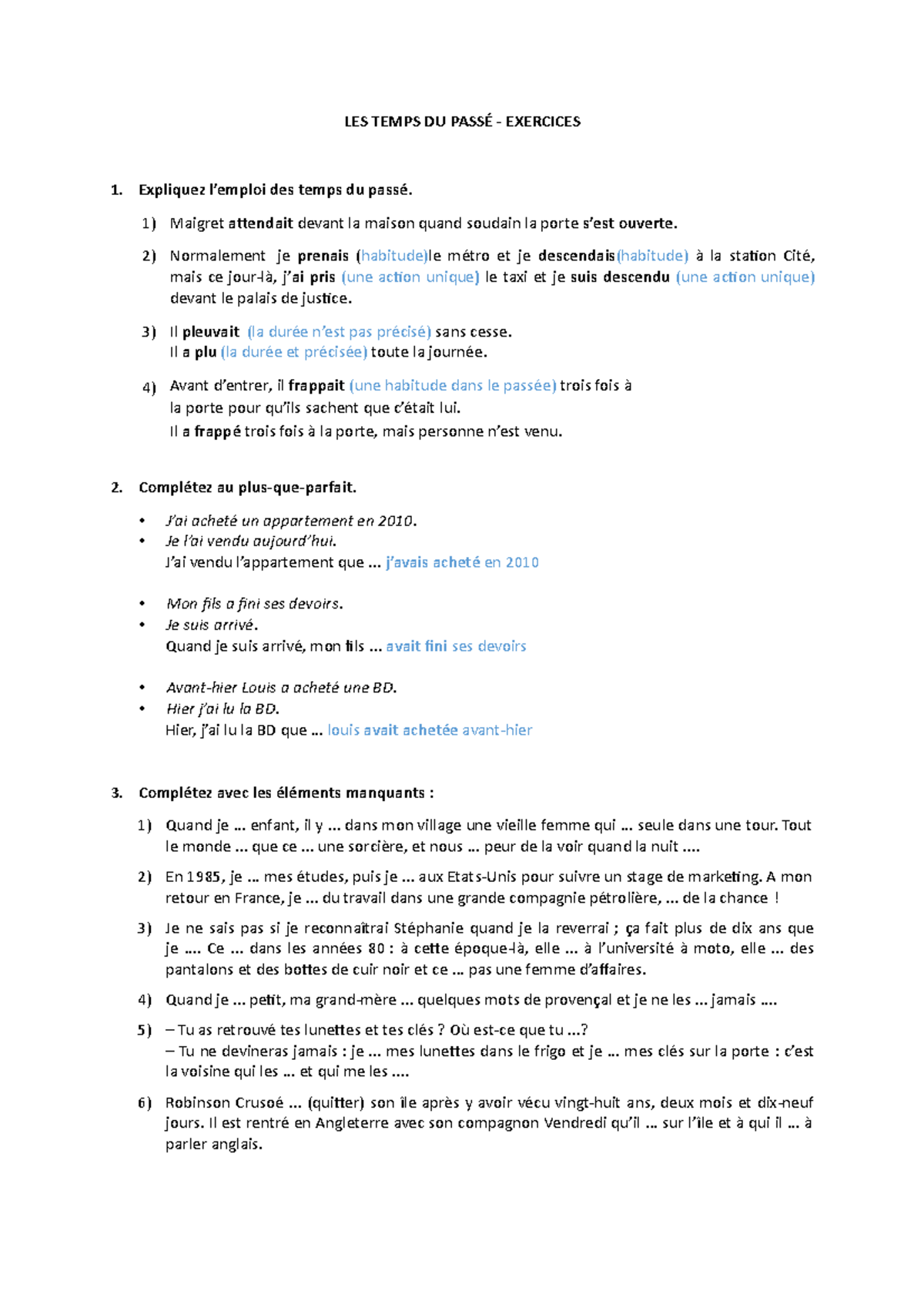 Les temps du passé exercices 1 - LES TEMPS DU PASSÉ - EXERCICES ...