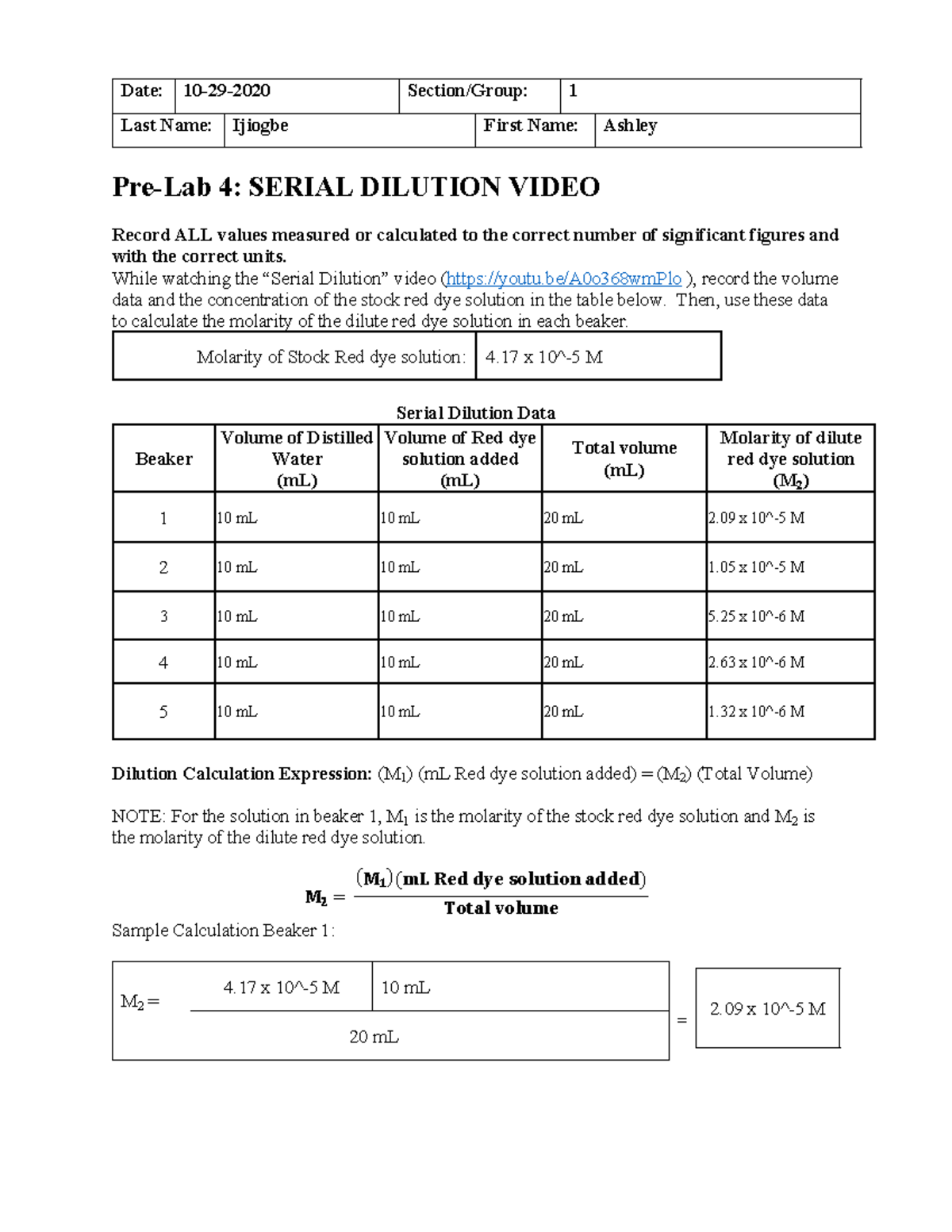 Pre-Lab 4 Serial Dilution - Date: 10-29-2020 Section/Group: 1 Last Name ...