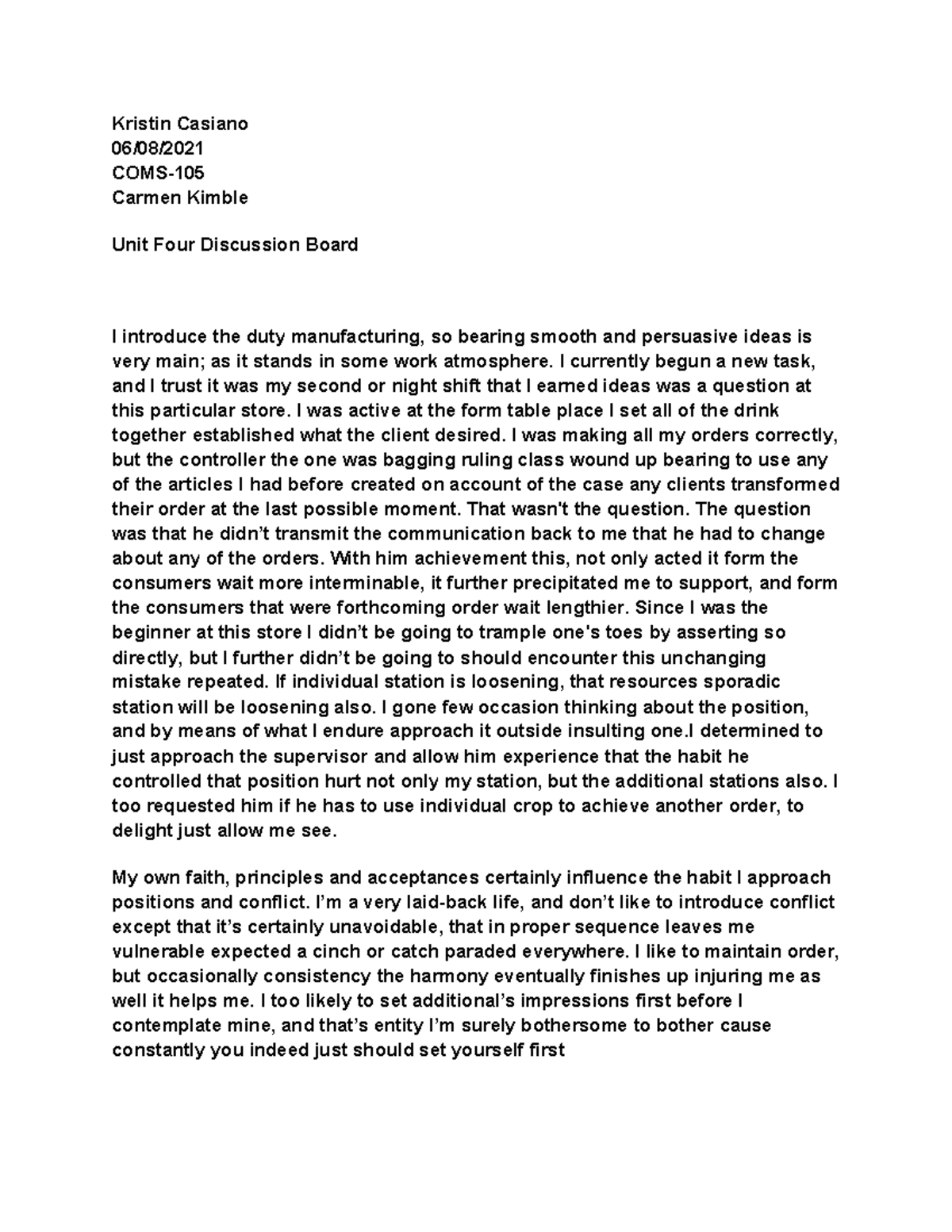 UNIT 4 DB COMS105 - Unit 4 Discussion Board for COMS-105; Interpersonal Communication - Kristin ...