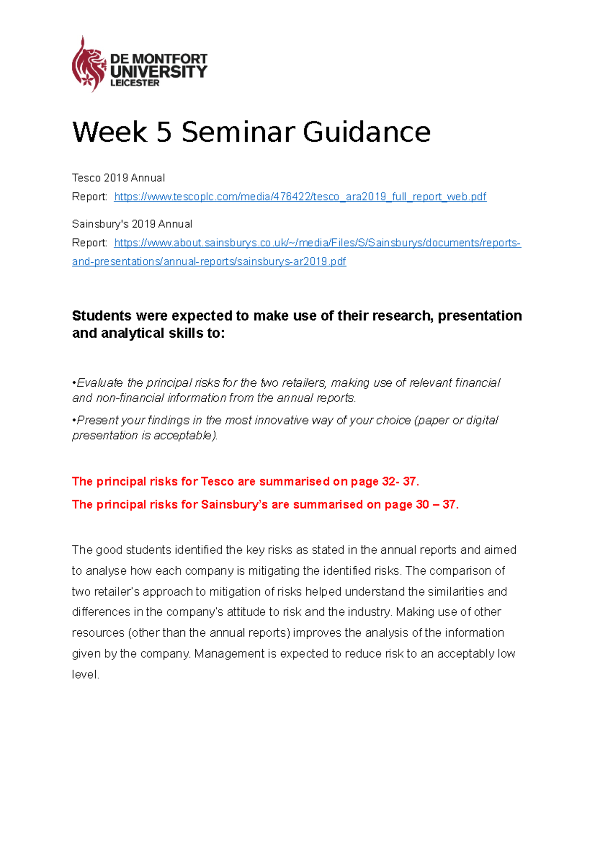 ACFI3050 Week 5 Seminar Guidance - Week 5 Seminar Guidance Tesco 2019 ...