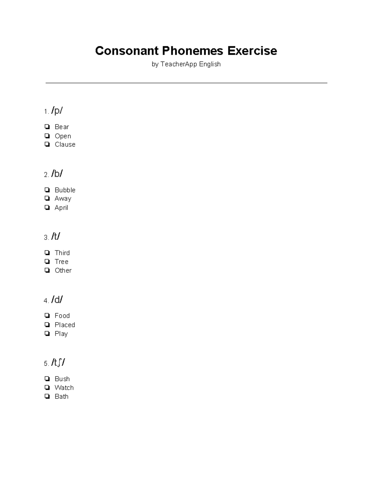 Phonemic-symbols-words 3 - Consonant Phonemes Exercise by TeacherApp English 1. /p/ Bear Open ...