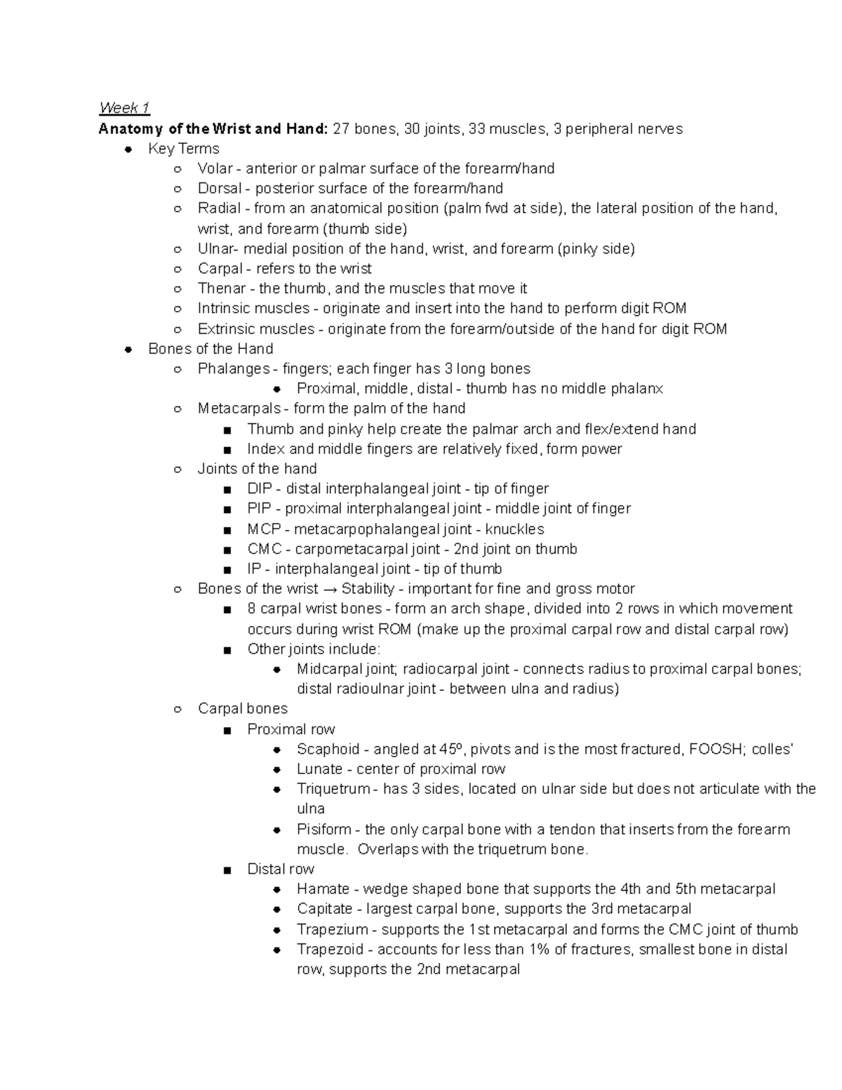 550 - Notes (Wk 1-4) - Prof Butler - Week 1 Anatomy of the Wrist and ...