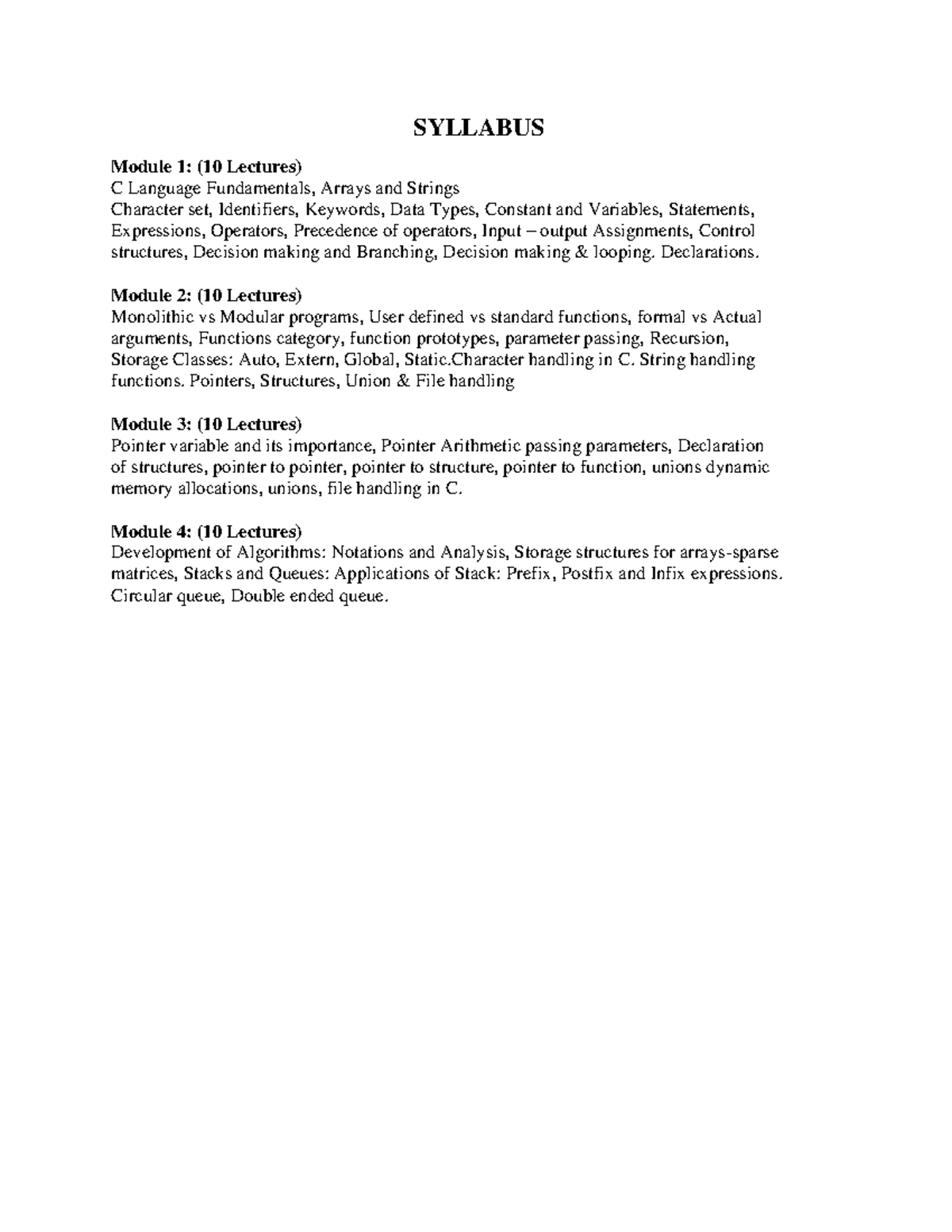 C Programming And Datastructure Syllabus Module 1 10 Lectures C