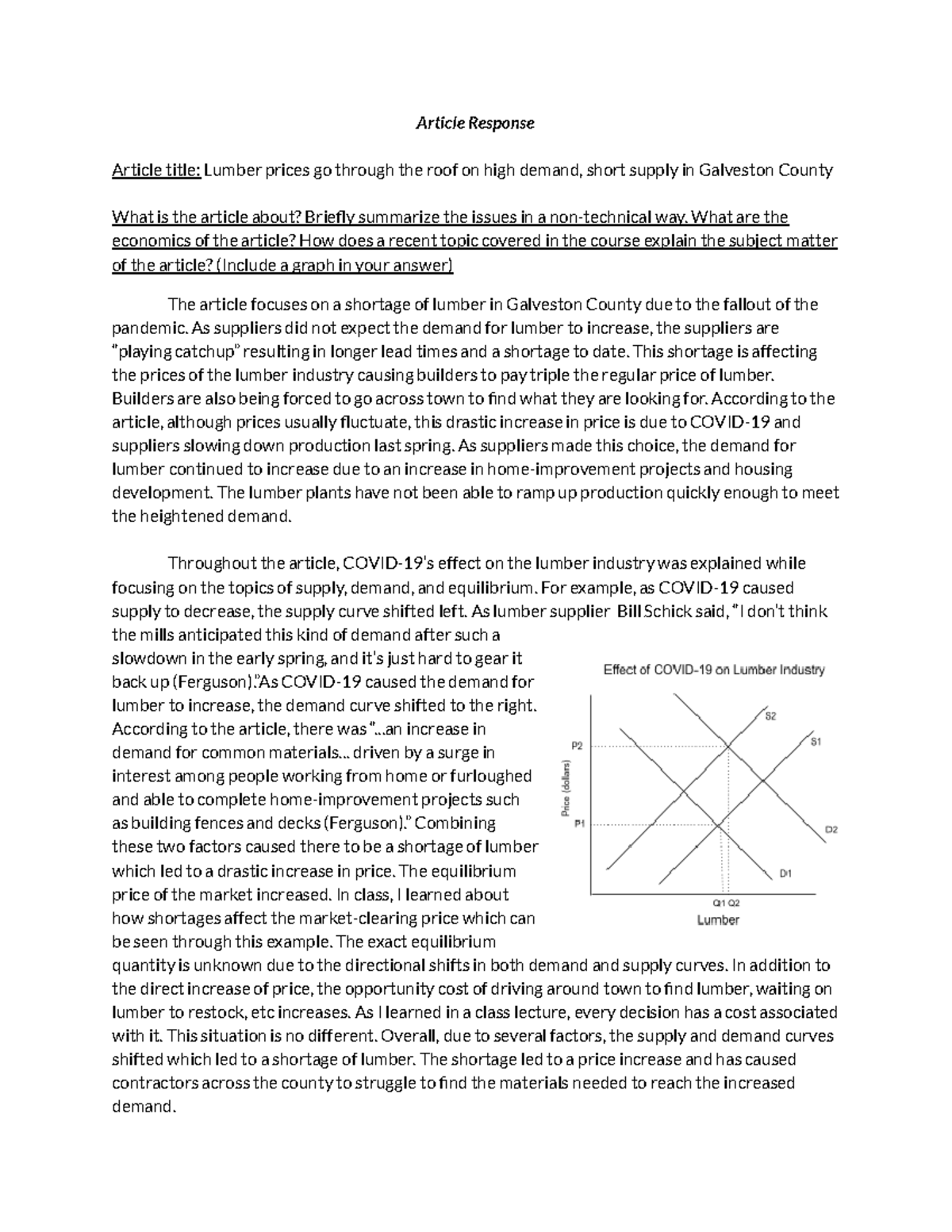 Econ - article response - Article Response Article title: Lumber prices ...