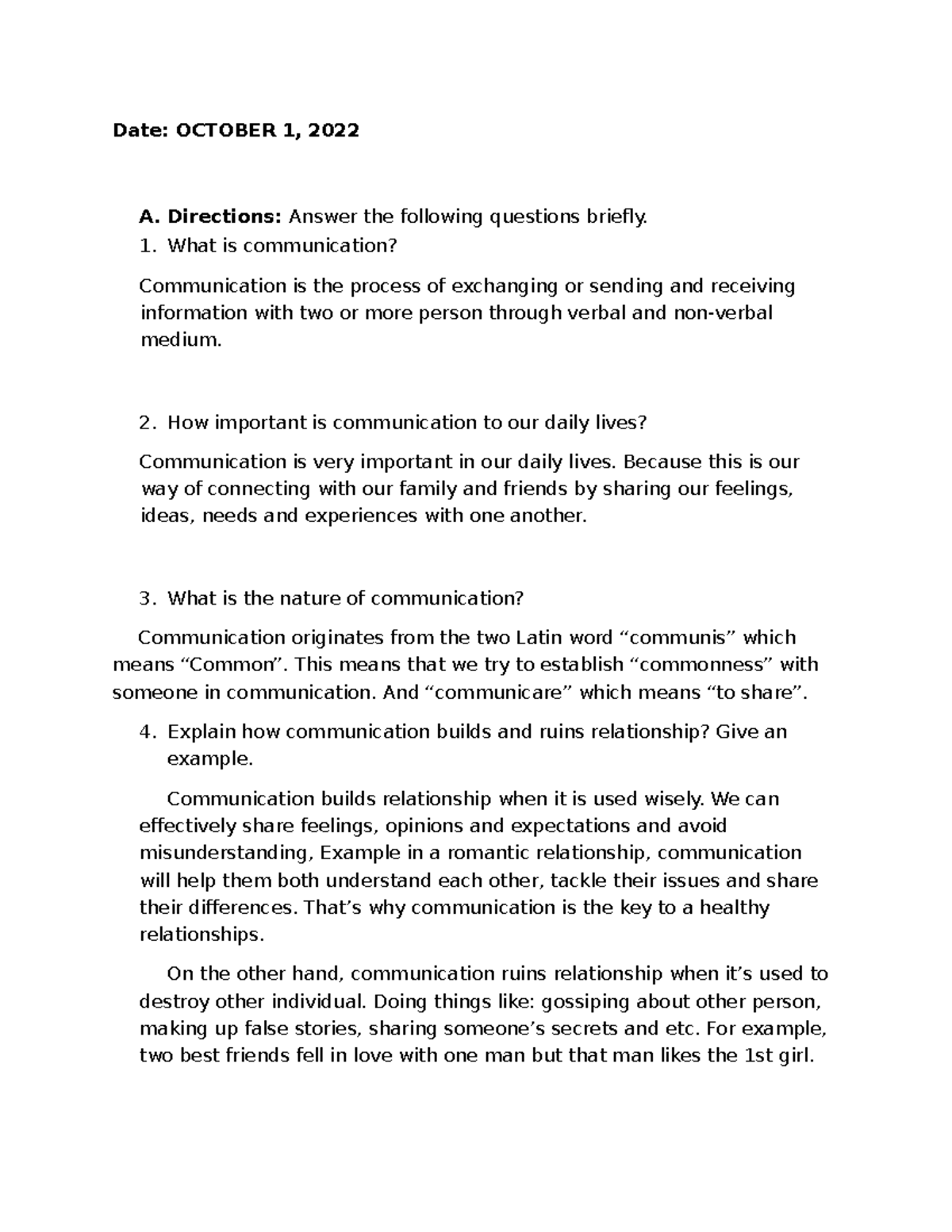 Purposive communication - Lesson 1 Activity - Date: OCTOBER 1, 2022 A. Directions: Answer the ...