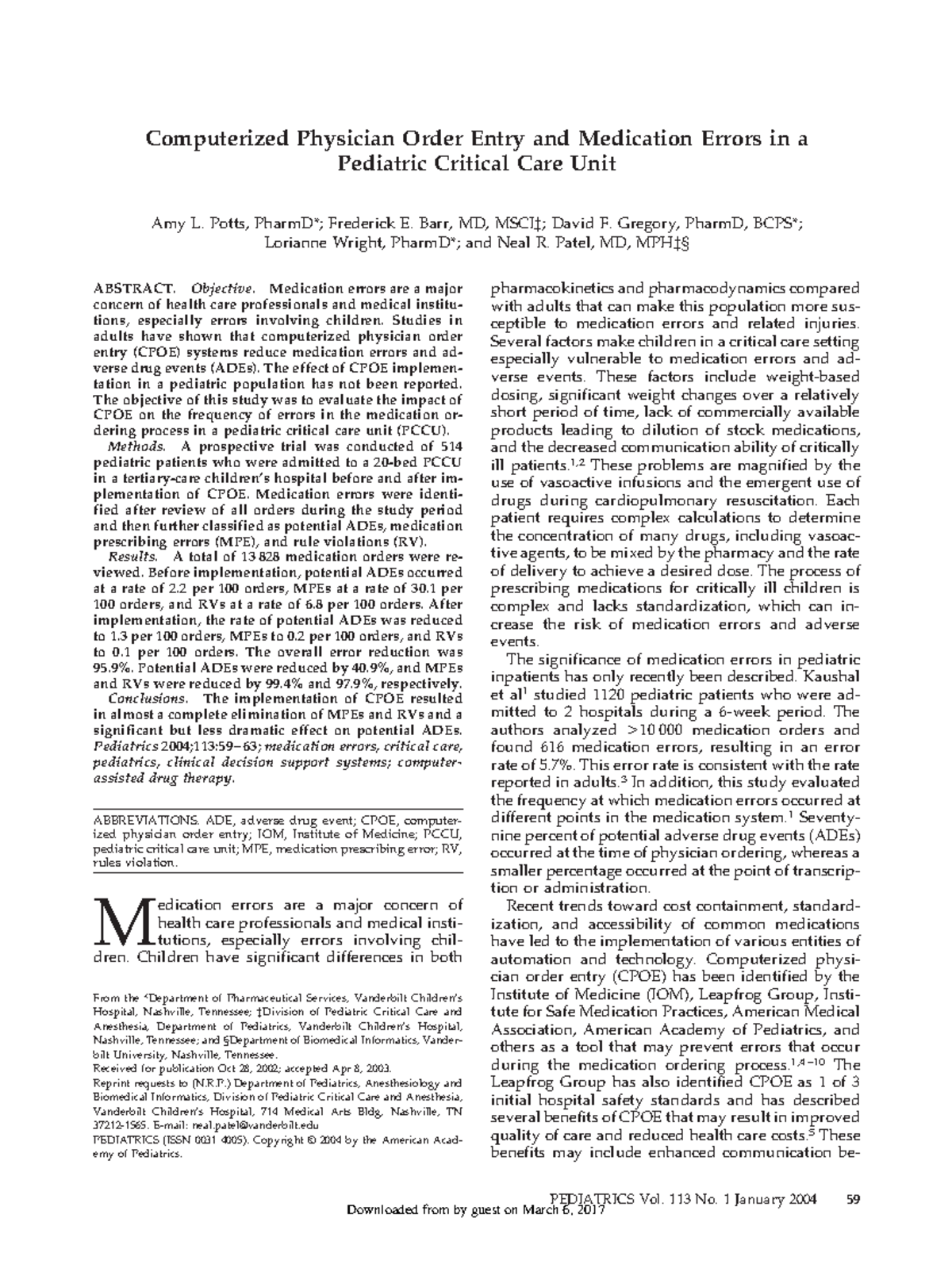 Potts 2003 - Computerized Physician Order Entry and Medication Errors ...