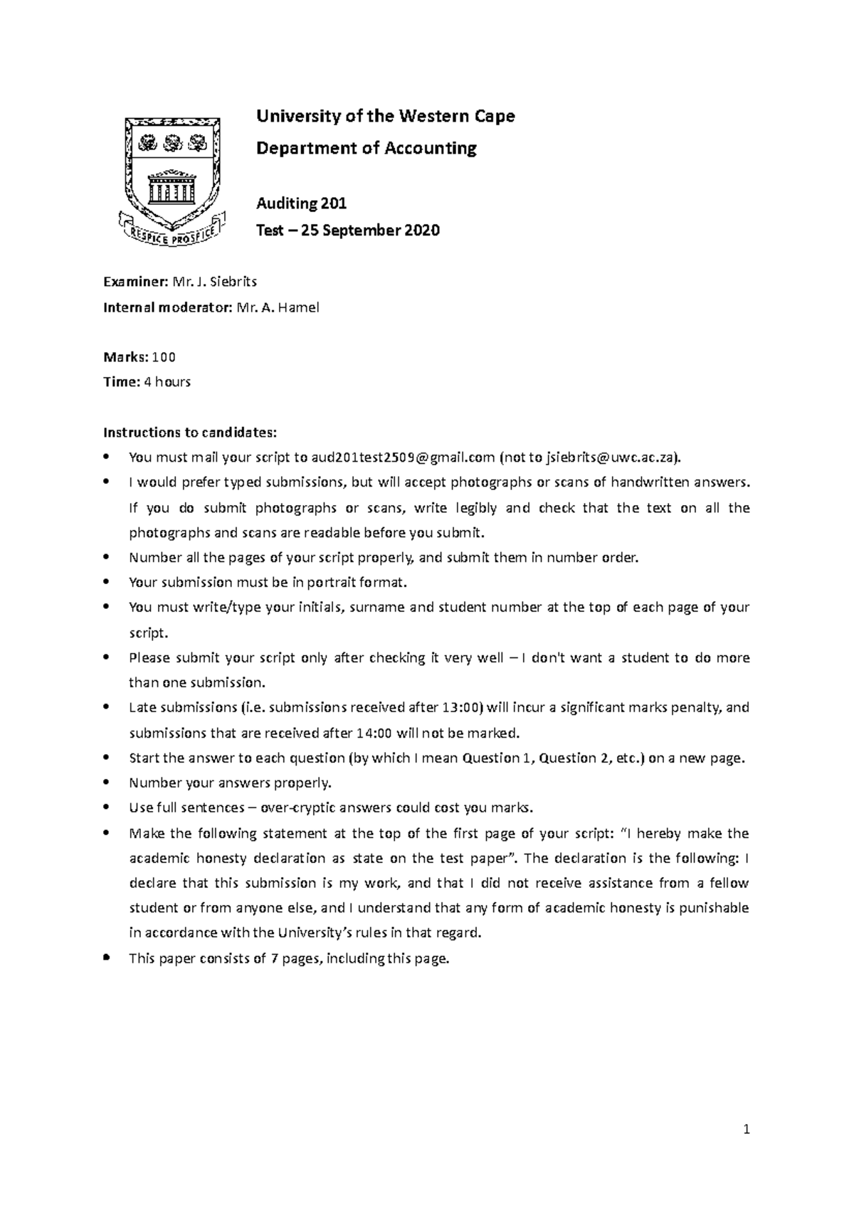 AUD201 test paper 2509 - Tests - University of the Western Cape ...