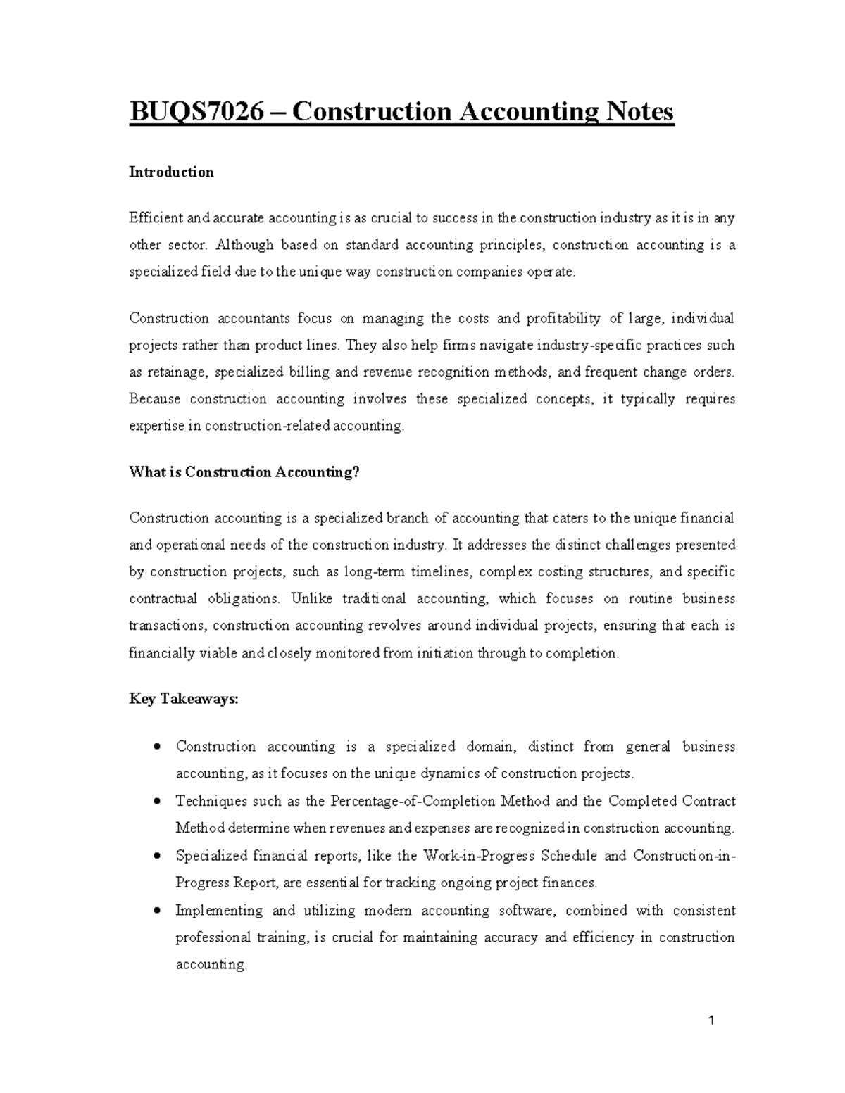 BUQS7026 Construction Accounting Notes - BUQS7026 – Construction ...