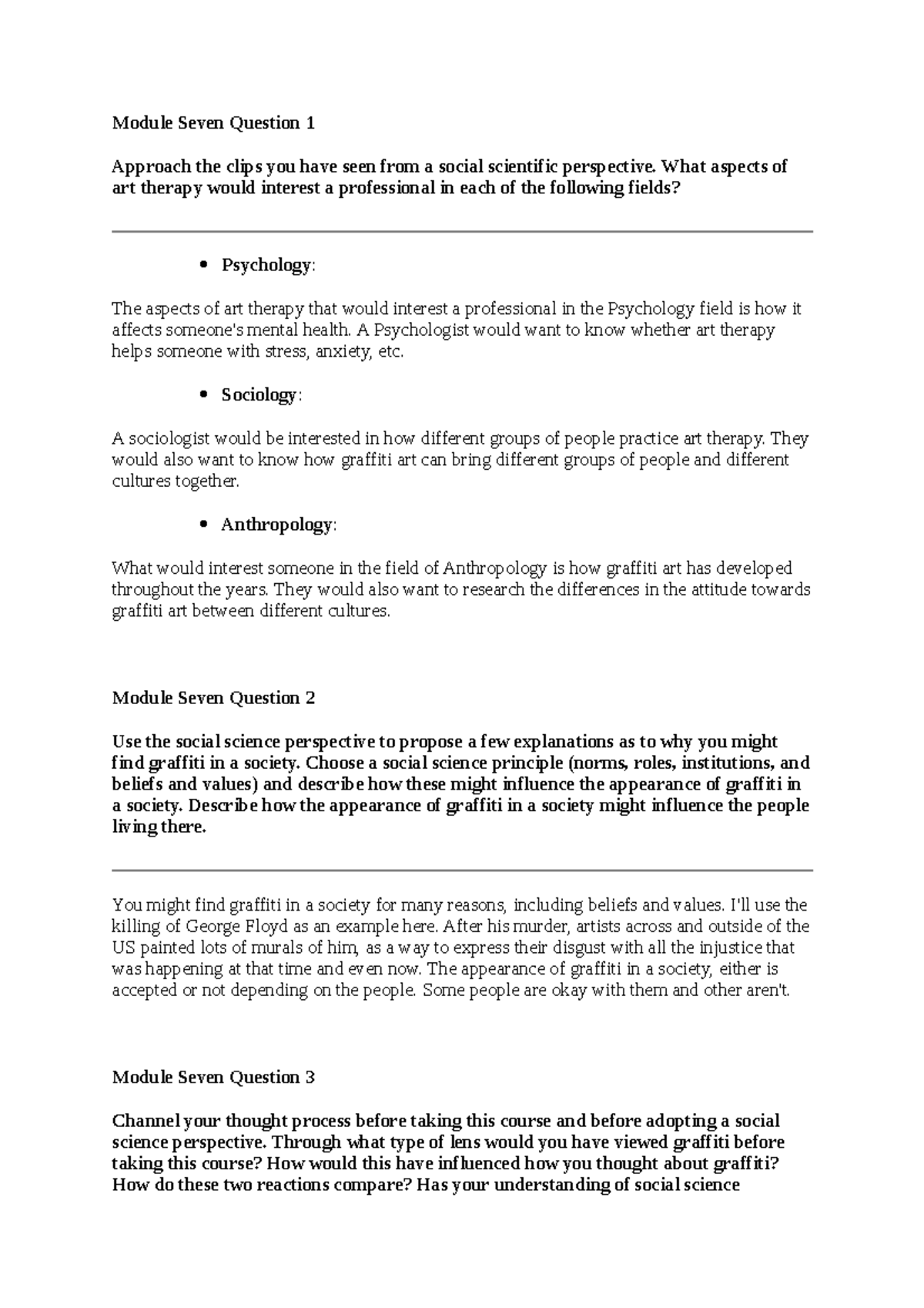 SCS200 Module 7 Short Answers - Module Seven Question 1 Approach the clips you have seen from a ...