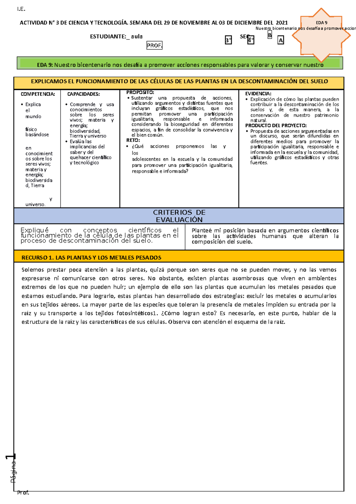3° y 4° Sec. Semana 3 EDA 9 - I. Prof. ACTIVIDAD N° 3 DE CIENCIA Y TECNOLOGÍA. SEMANA DEL 29 DE ...