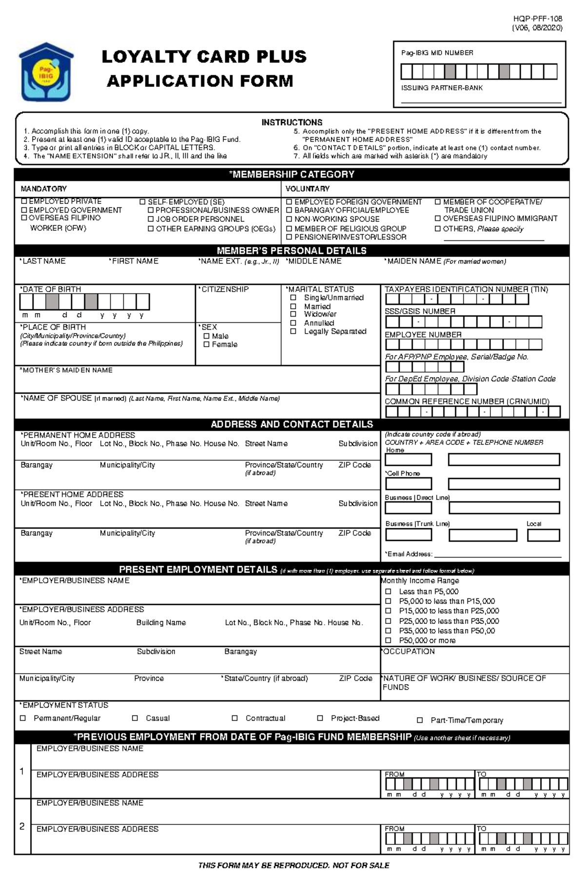 PFF108 Loyalty Card Plus Application Form V06 - Pag-IBIG MID NUMBER ...