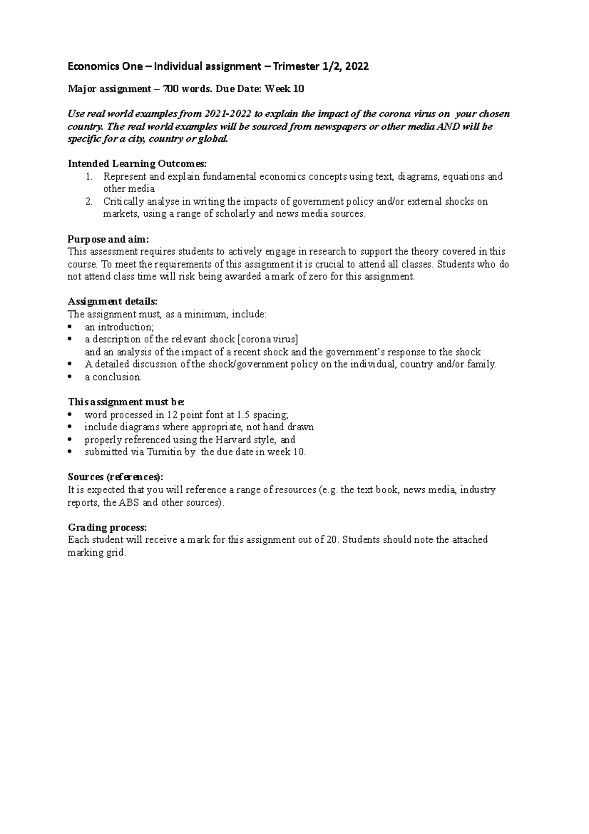 Research Assignment 2022 - Economics One – Individual assignment – Trimester 1/2, 2022 Major ...