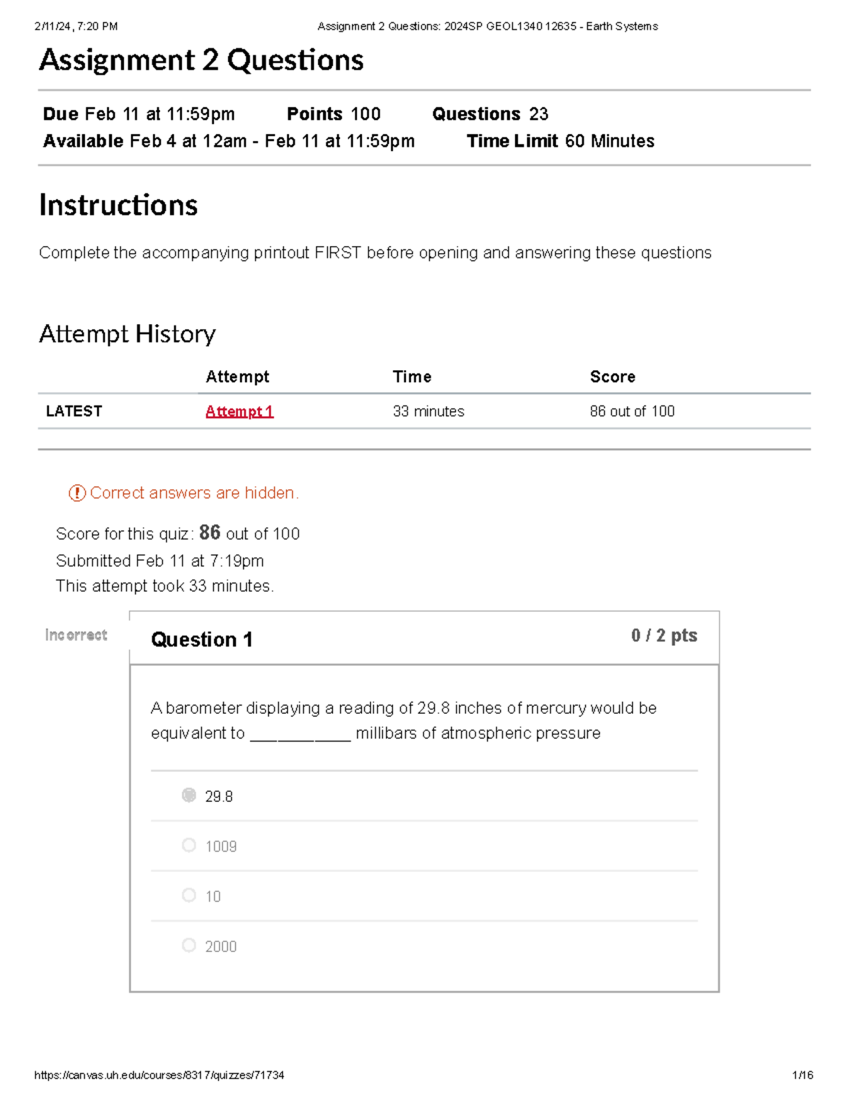 Assignment 2 Questions 2024SP GEOL1340 12635 - Earth Systems - Assignment 2 Quesons Due Feb 11 ...