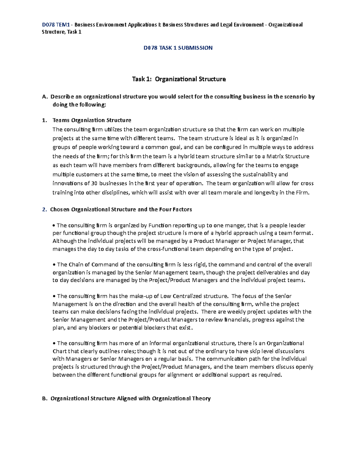 D078 Task 1 - Business Environment Applications I: Business Structures ...