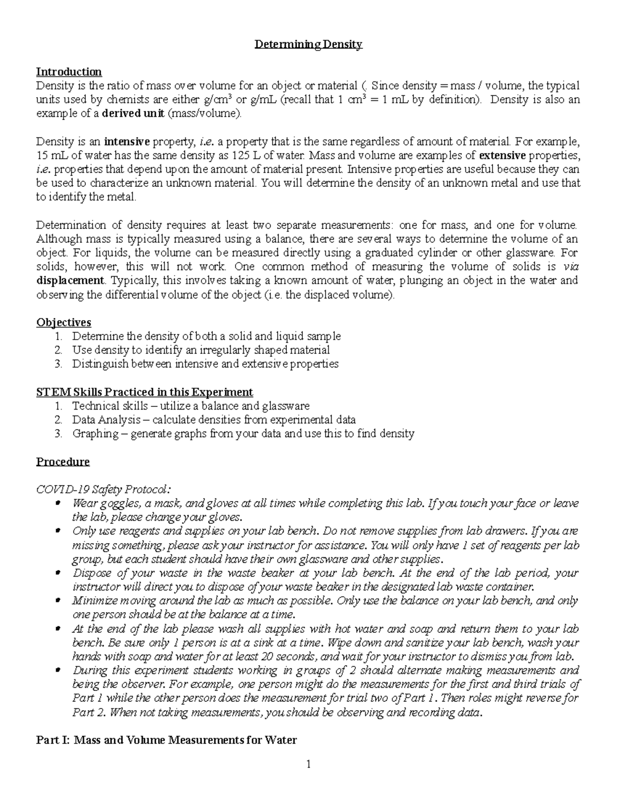 CHEM 1211K - Determining Density Lab - Determining Density Introduction ...