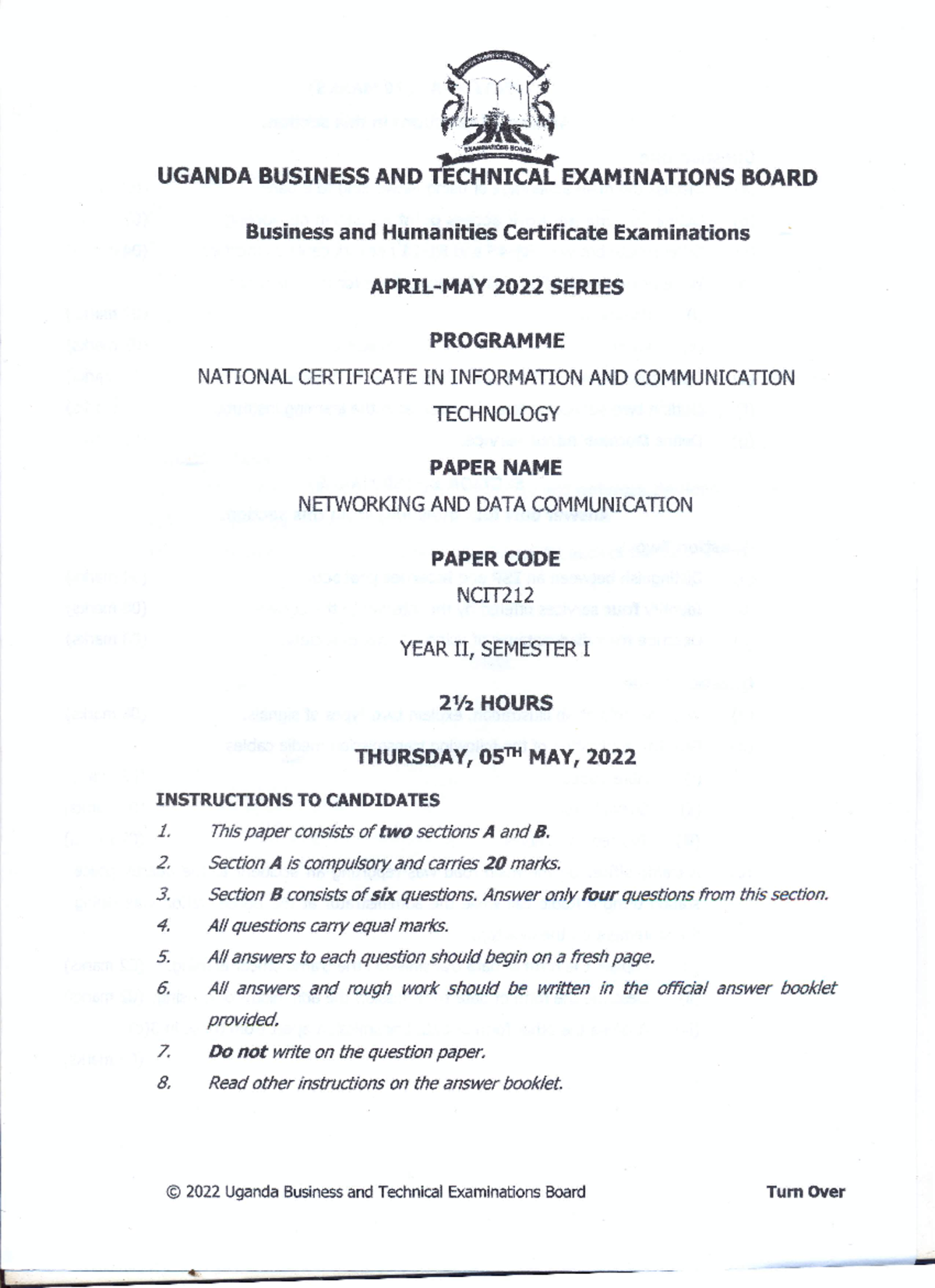 Ubteb PAST Paper NCIT212 Network and Data Communication 0001 MAY 2022 ...