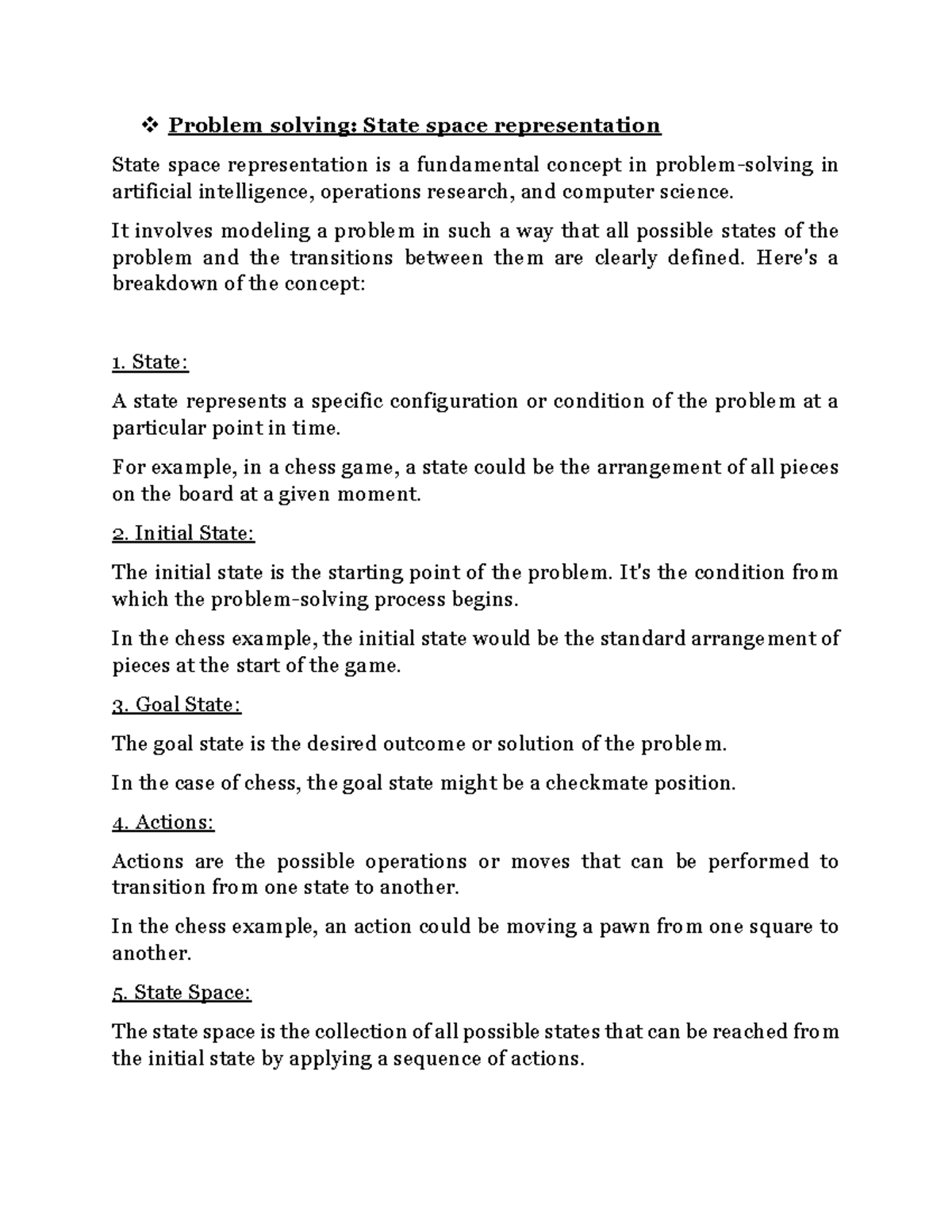 Unit 1 - okkkkkkkkkk - Problem solving: State space representation State space representation is ...