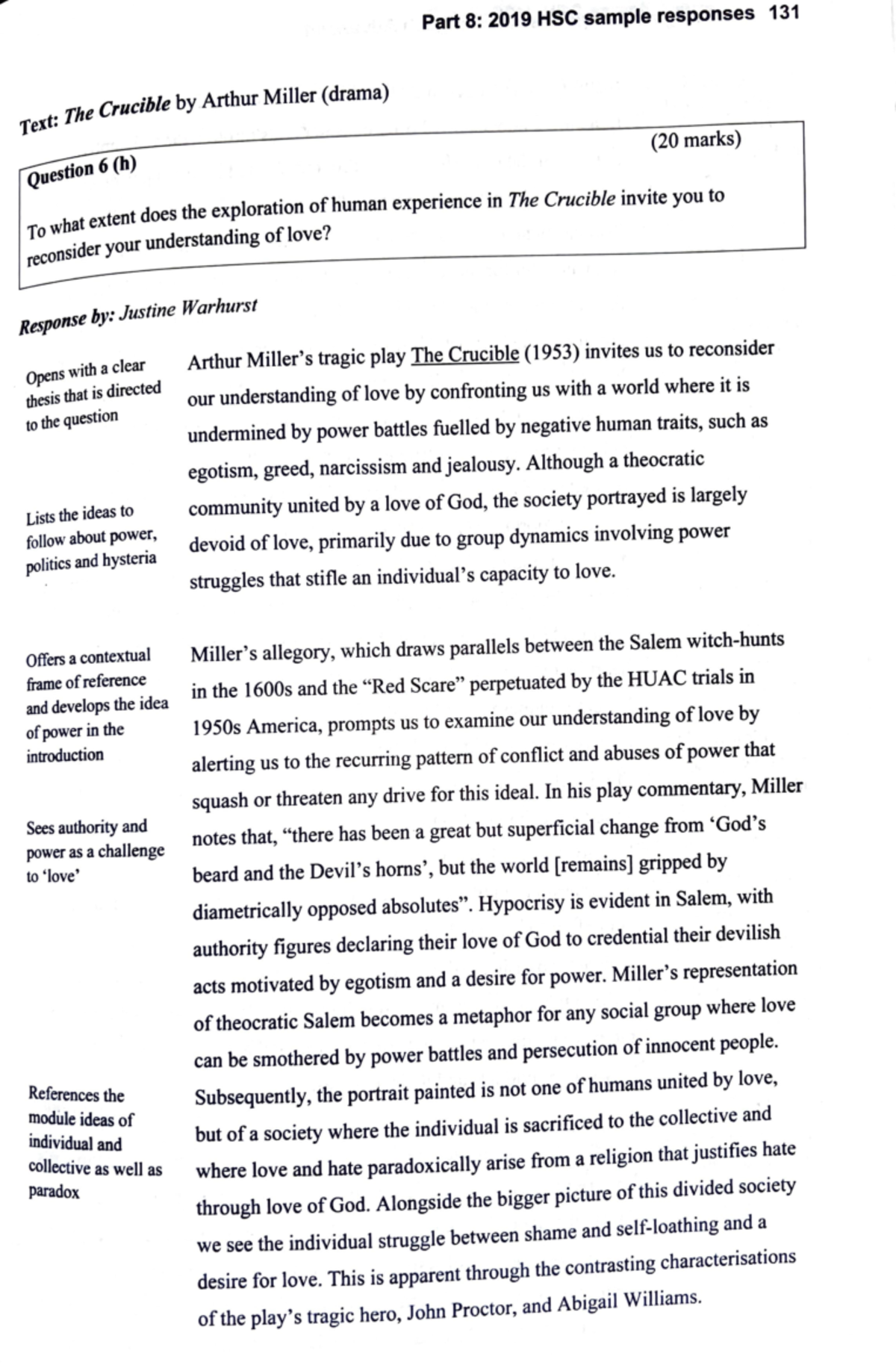 The Crucible Essay (2) (1) - Part 8: 2019 HSC sample responses 131 "'h ...