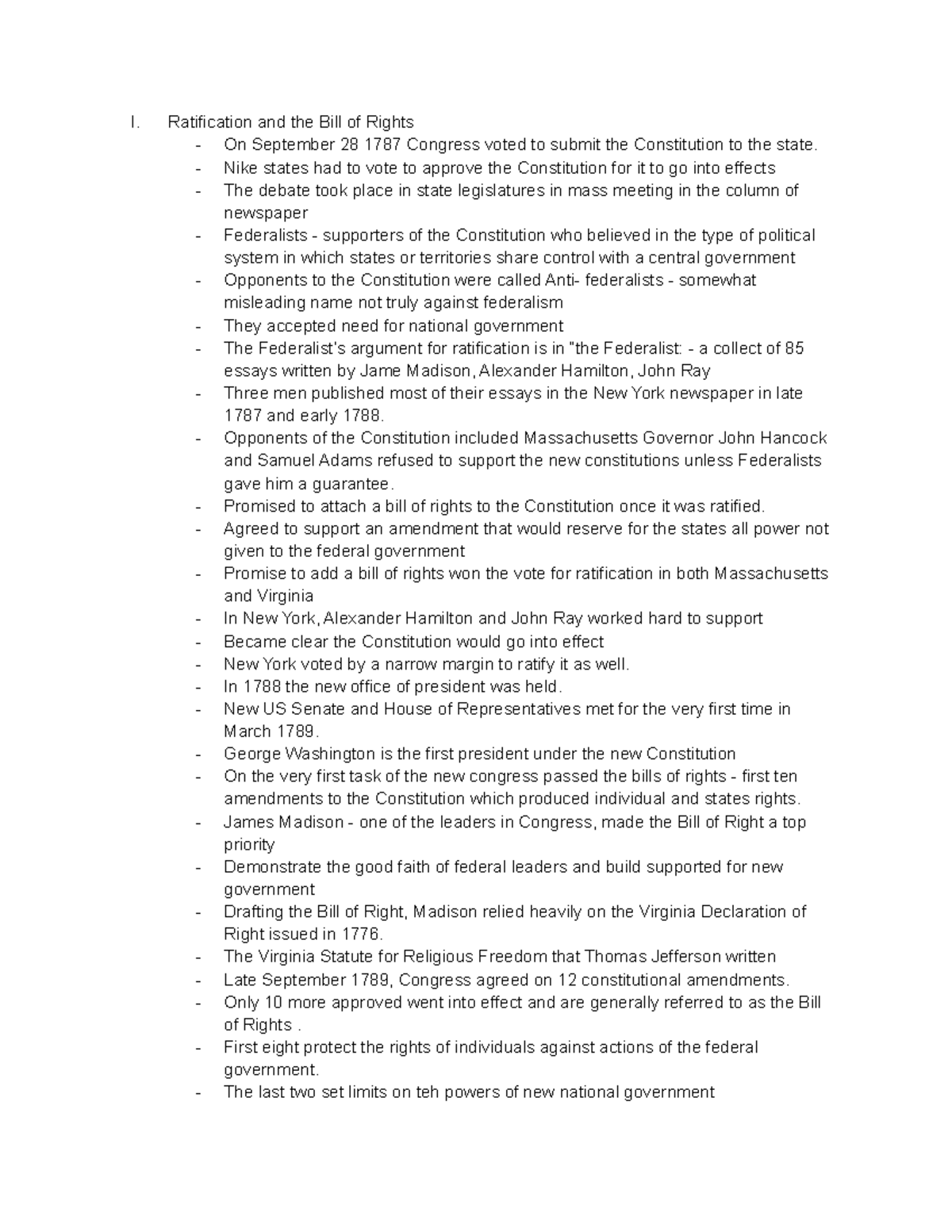 US History - Chapter 1 Set 6 Note - I. Ratification and the Bill of ...