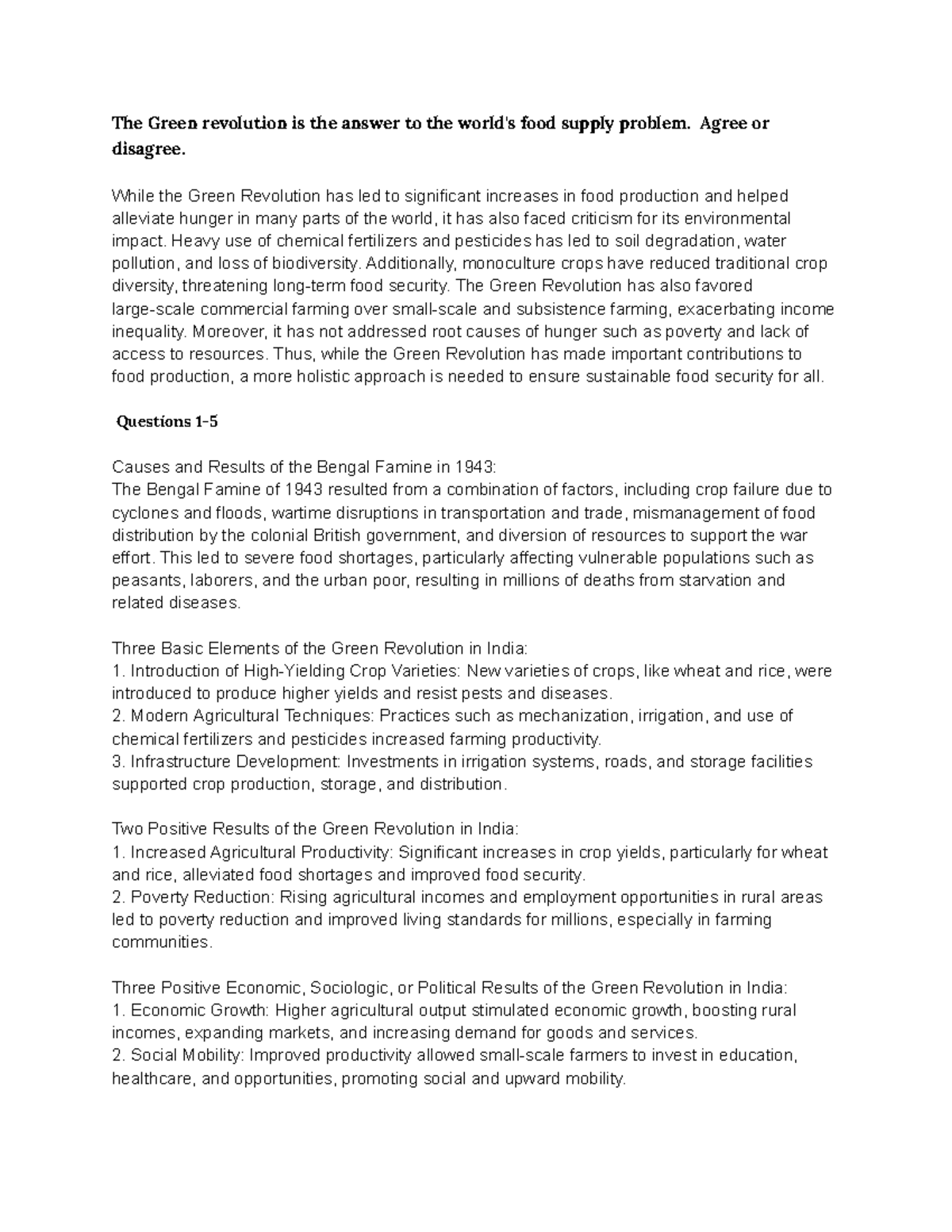 Unit 9.1-9.3 Technology - The Green revolution is the answer to the ...